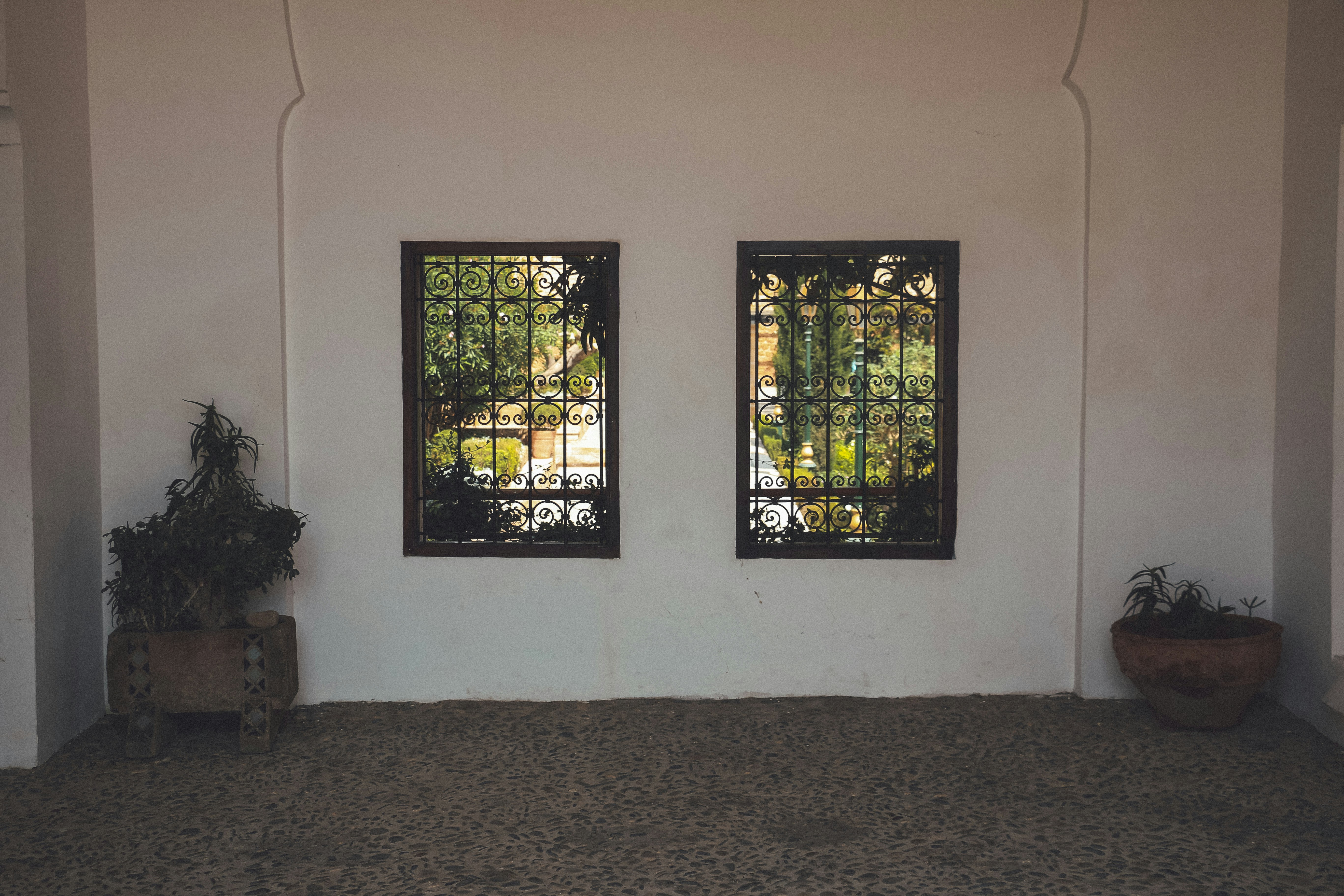 Two iron-grilled windows reflect a vibrant garden scene on a plain white wall.