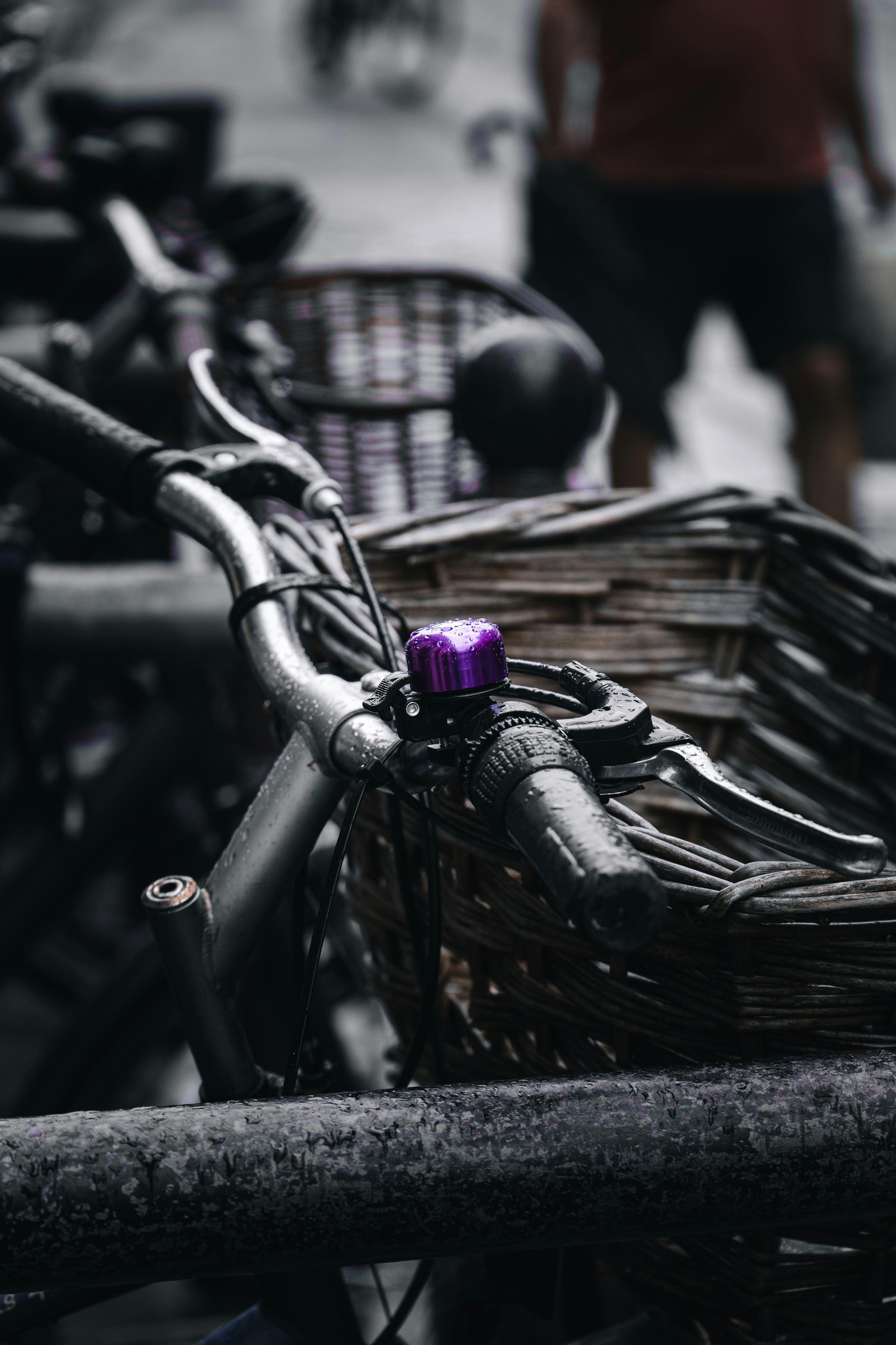 Purple Bell on a Weathered Bicycle in a Quiet Street