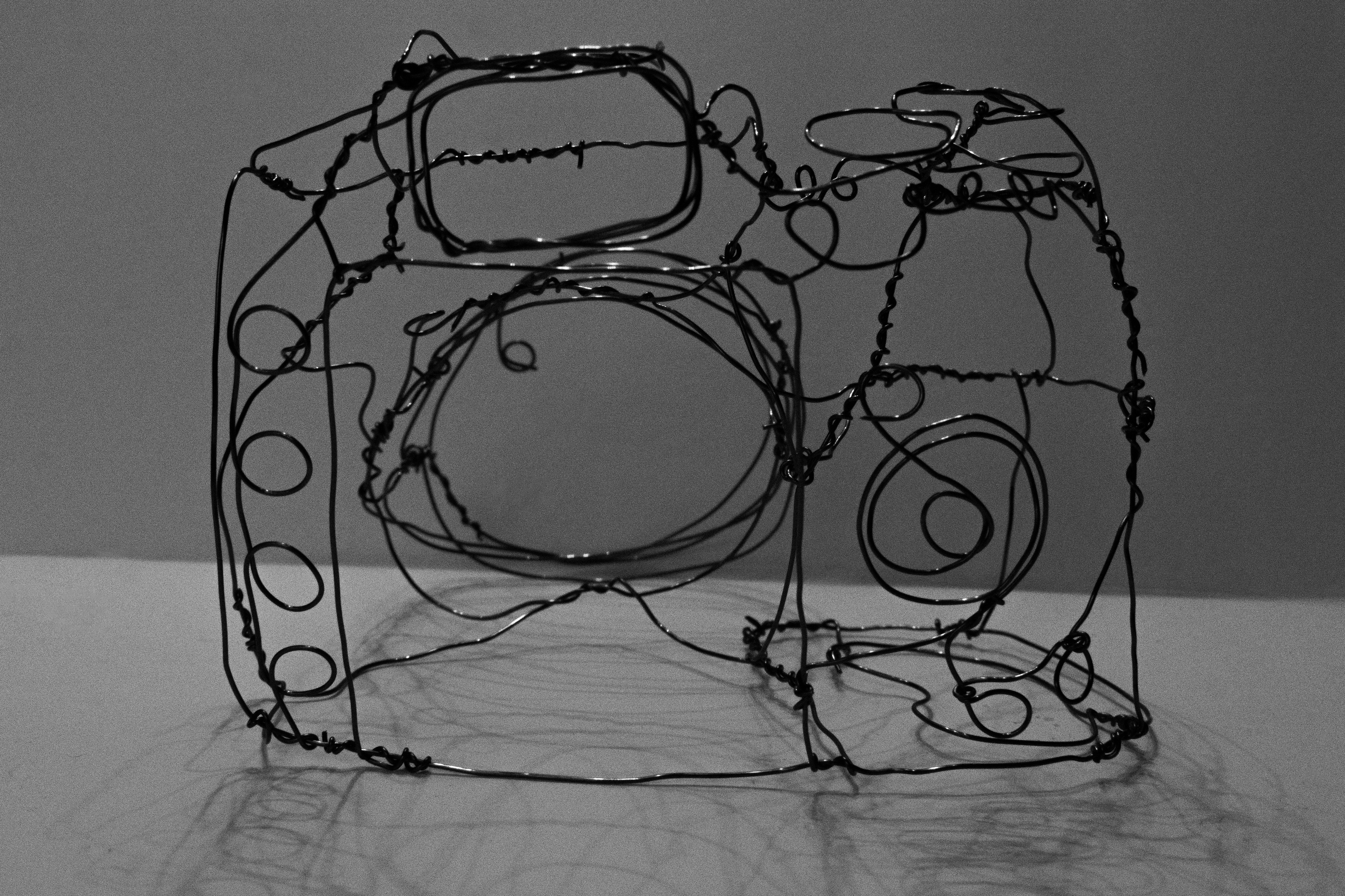 Entwined Frame: A Wire Camera Sculpture on a Quiet Desk