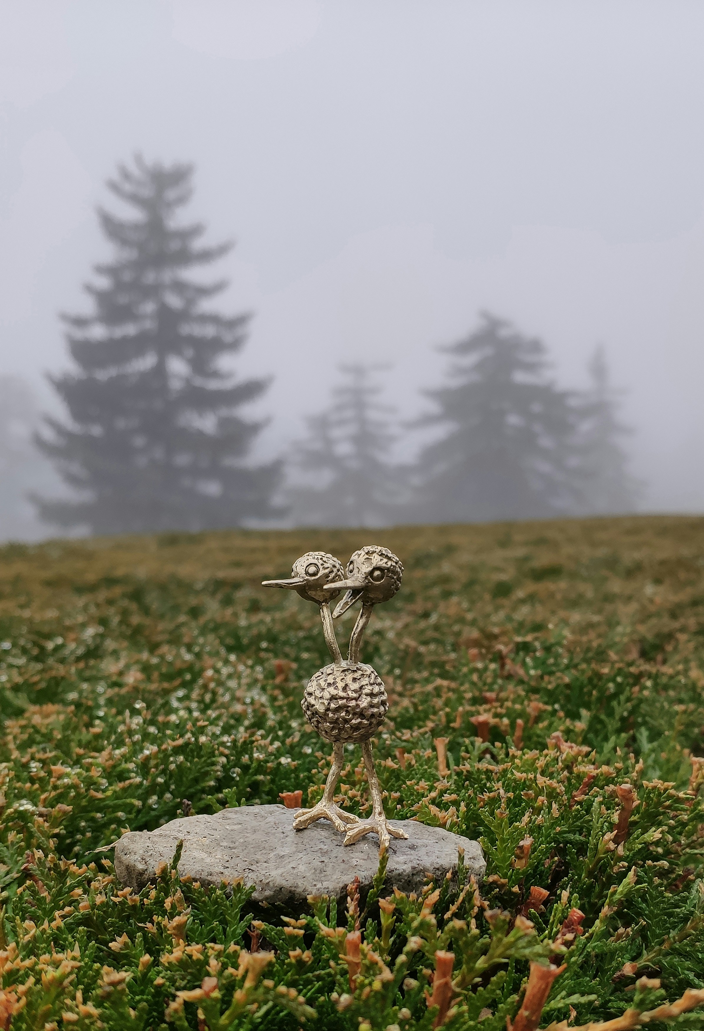 Stone Duo: A Quiet Garden Sculpture Amid Misty Pines