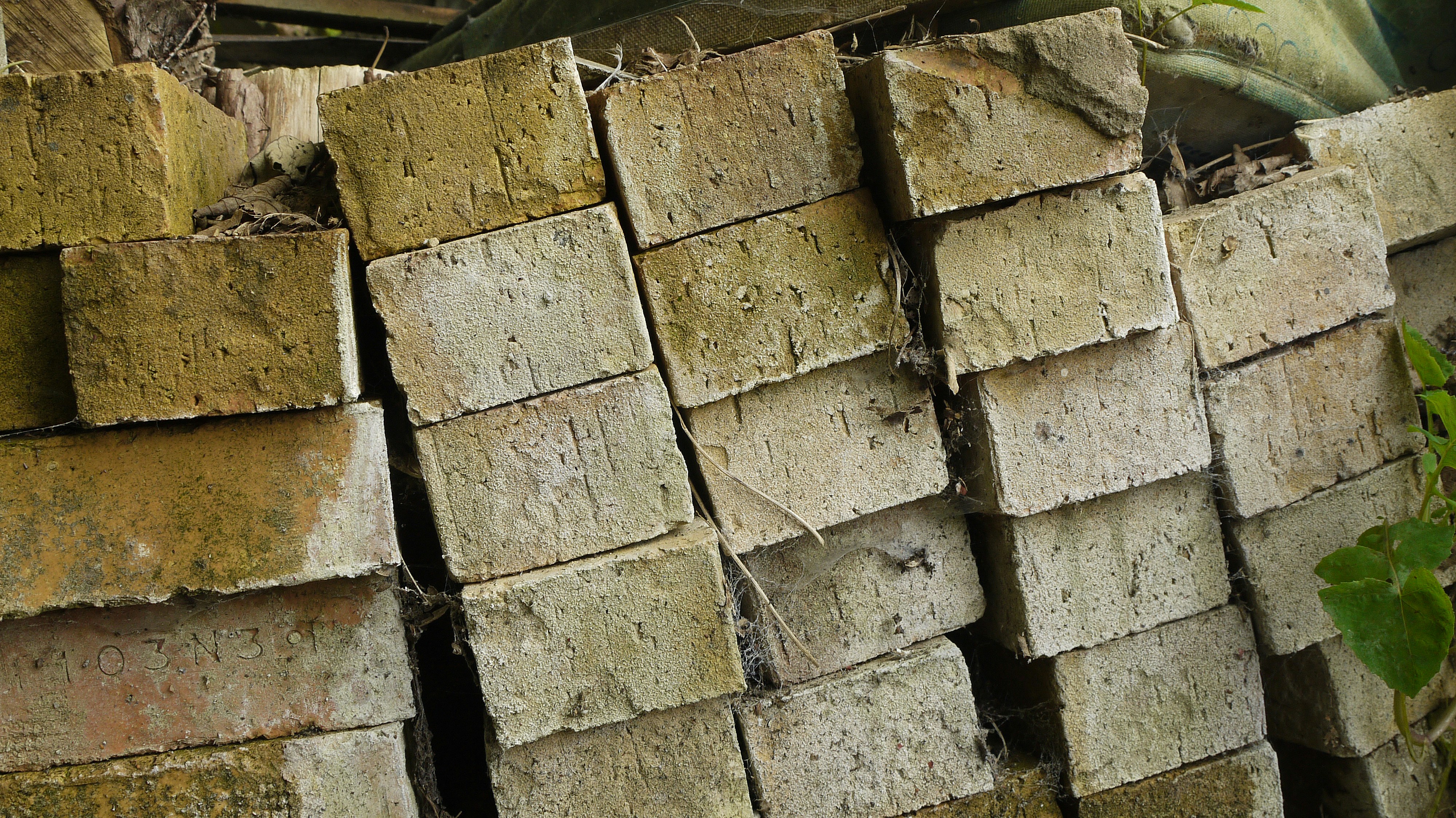 Close-up of weathered cinder blocks stacked in a diagonal wall, revealing rough textures, mossy edges, and a hint of green foliage at the periphery.