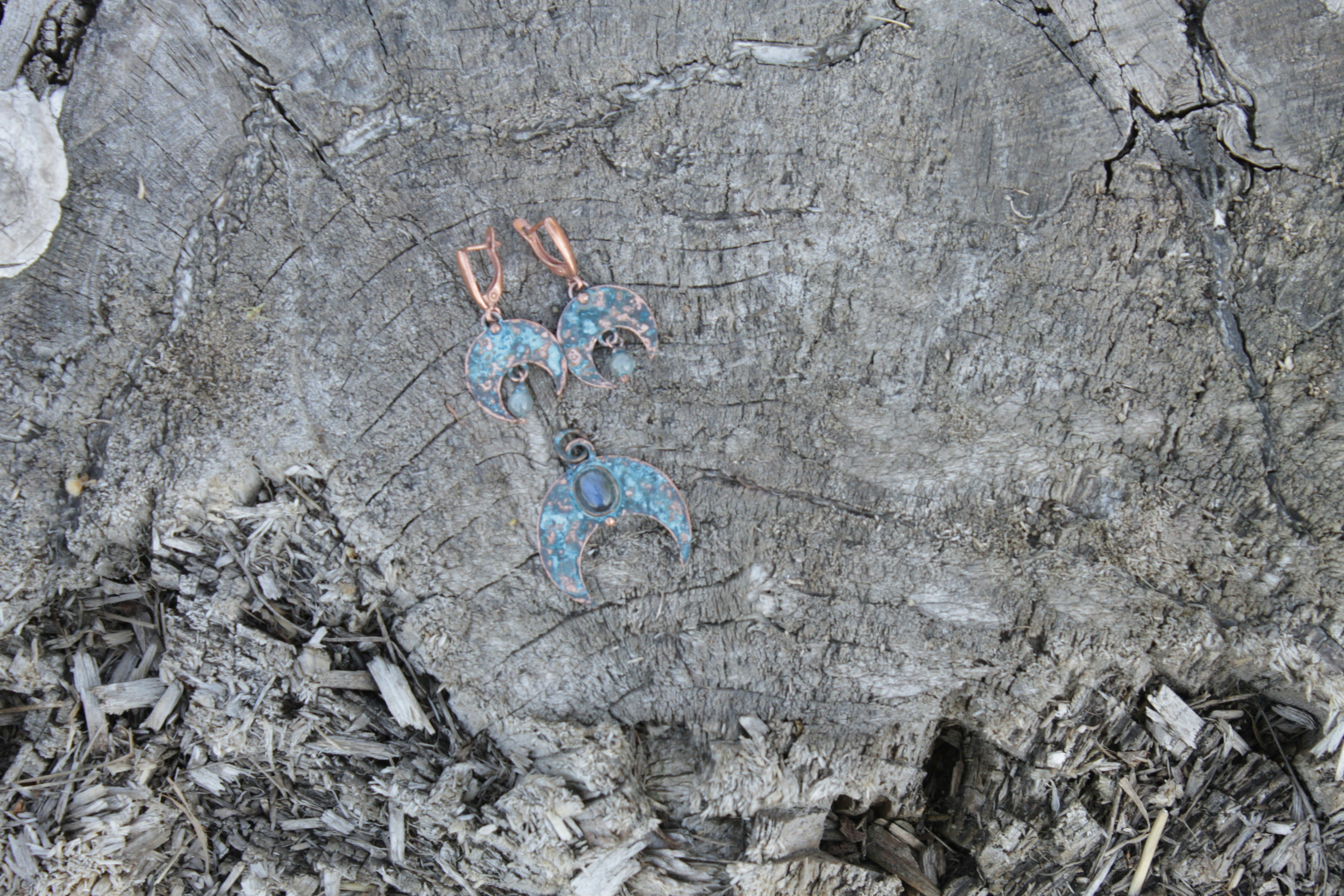 Blue crab charms on weathered log ringed by sawdust