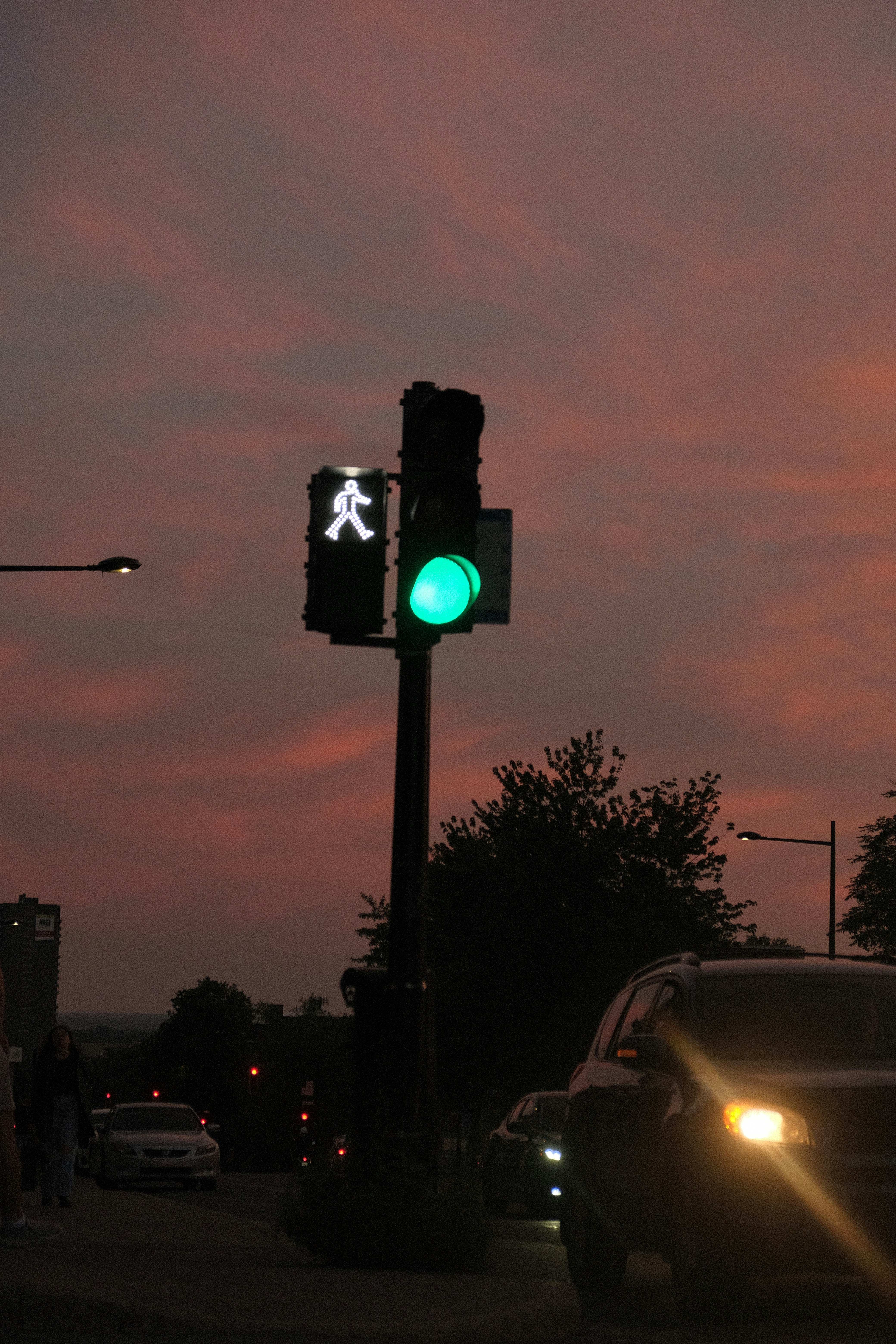 Green Beacon at Dusk: Crosswalk Light Against the Velvet City Sky