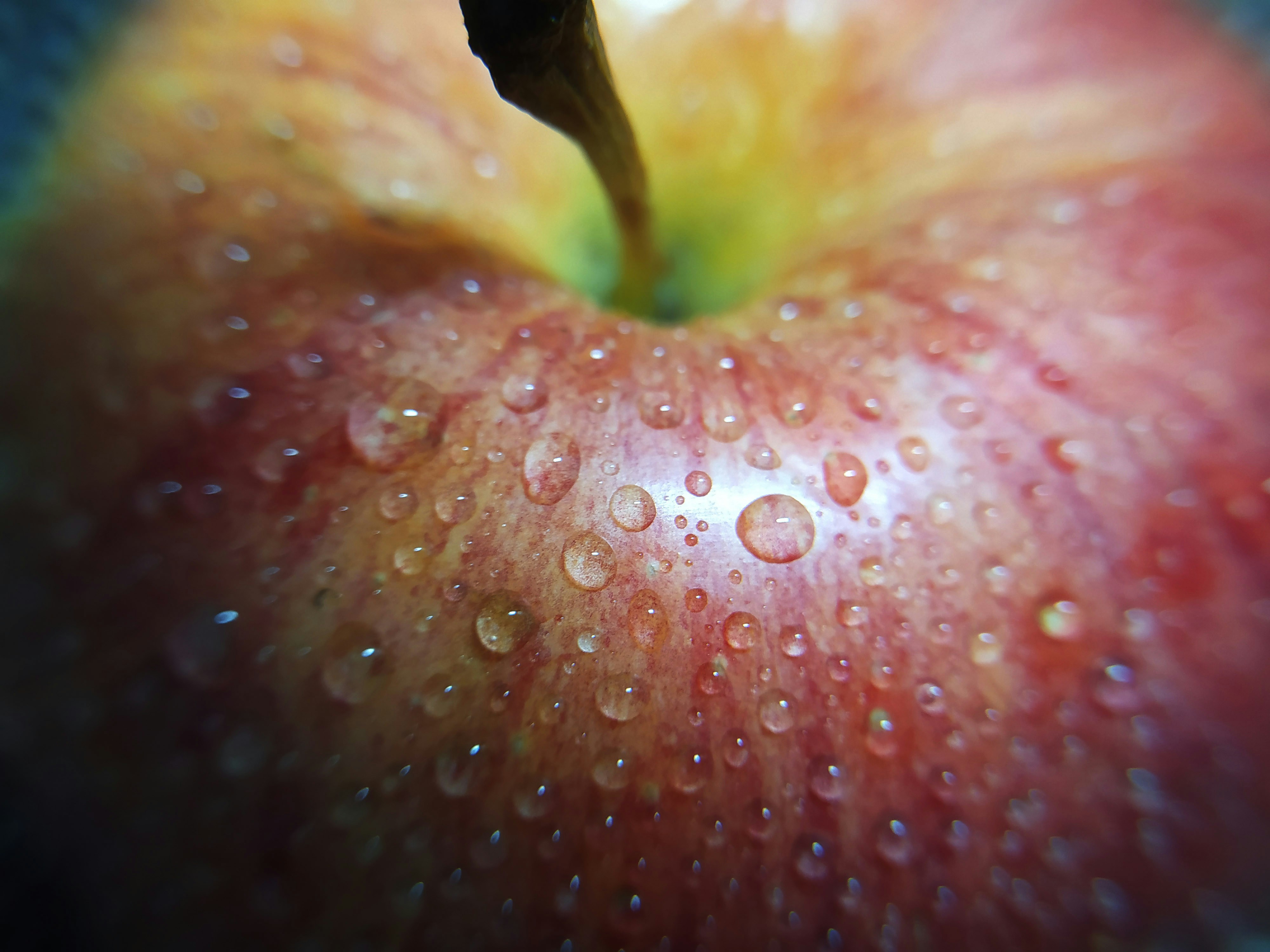Close-up macro photograph of apple skin with dewdrops, highlighting texture and color. The image emphasizes water droplets and natural gloss.