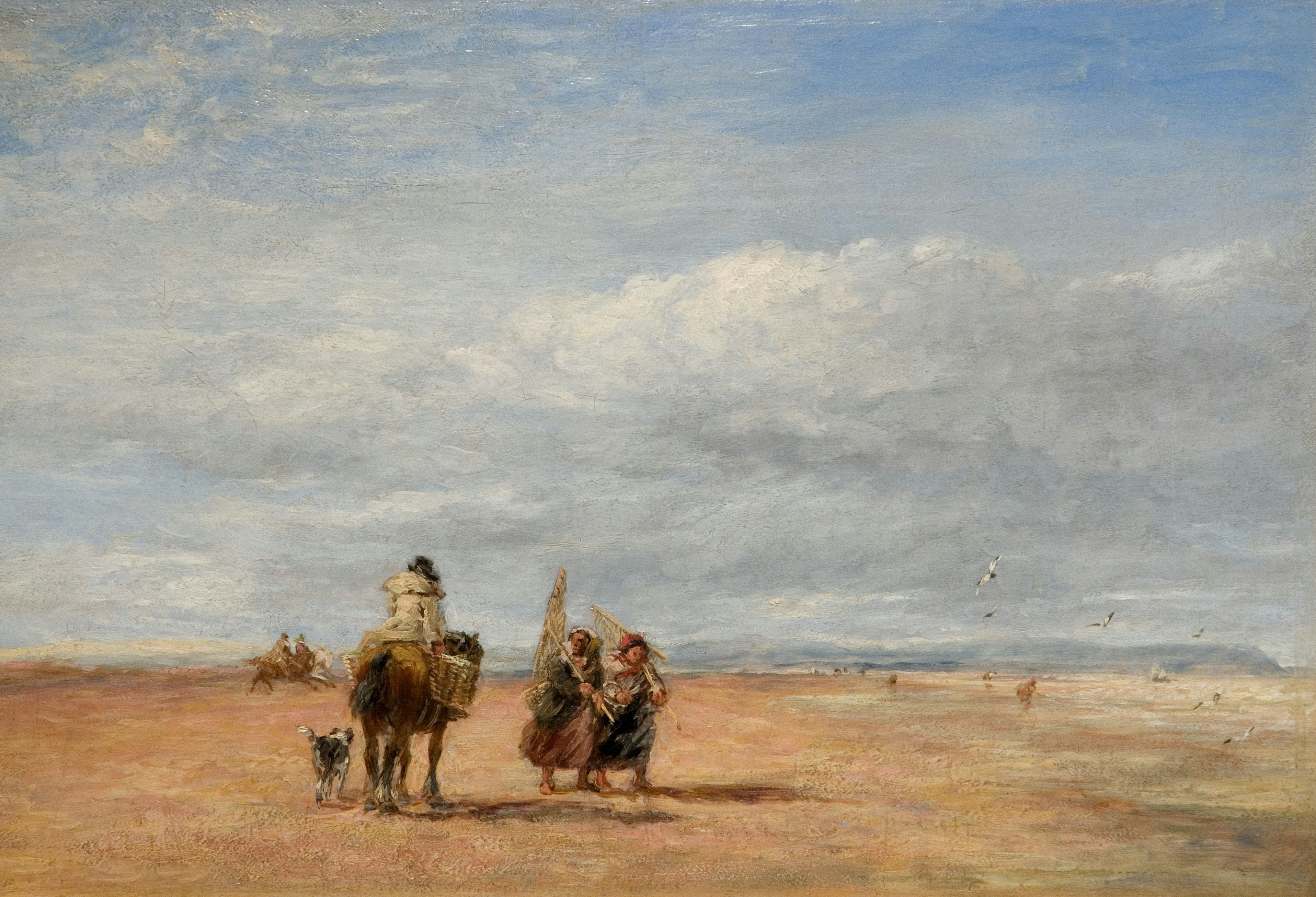Travelers with a pack animal traverse a barren landscape under a vast sky, accompanied by a small dog. The scene evokes a sense of adventure and resilience.