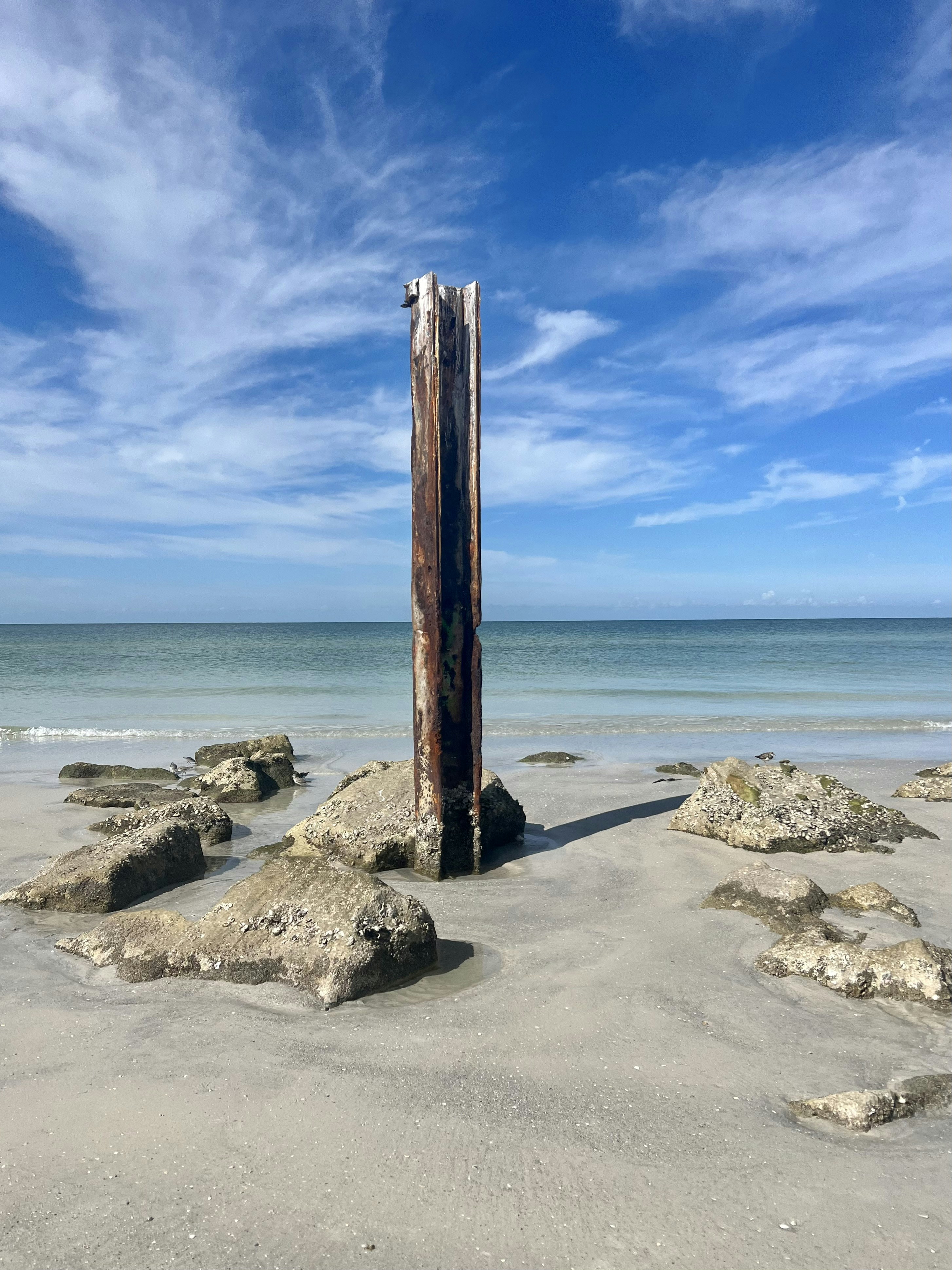 Rusted Sentinel Rising from Shoreline Sand