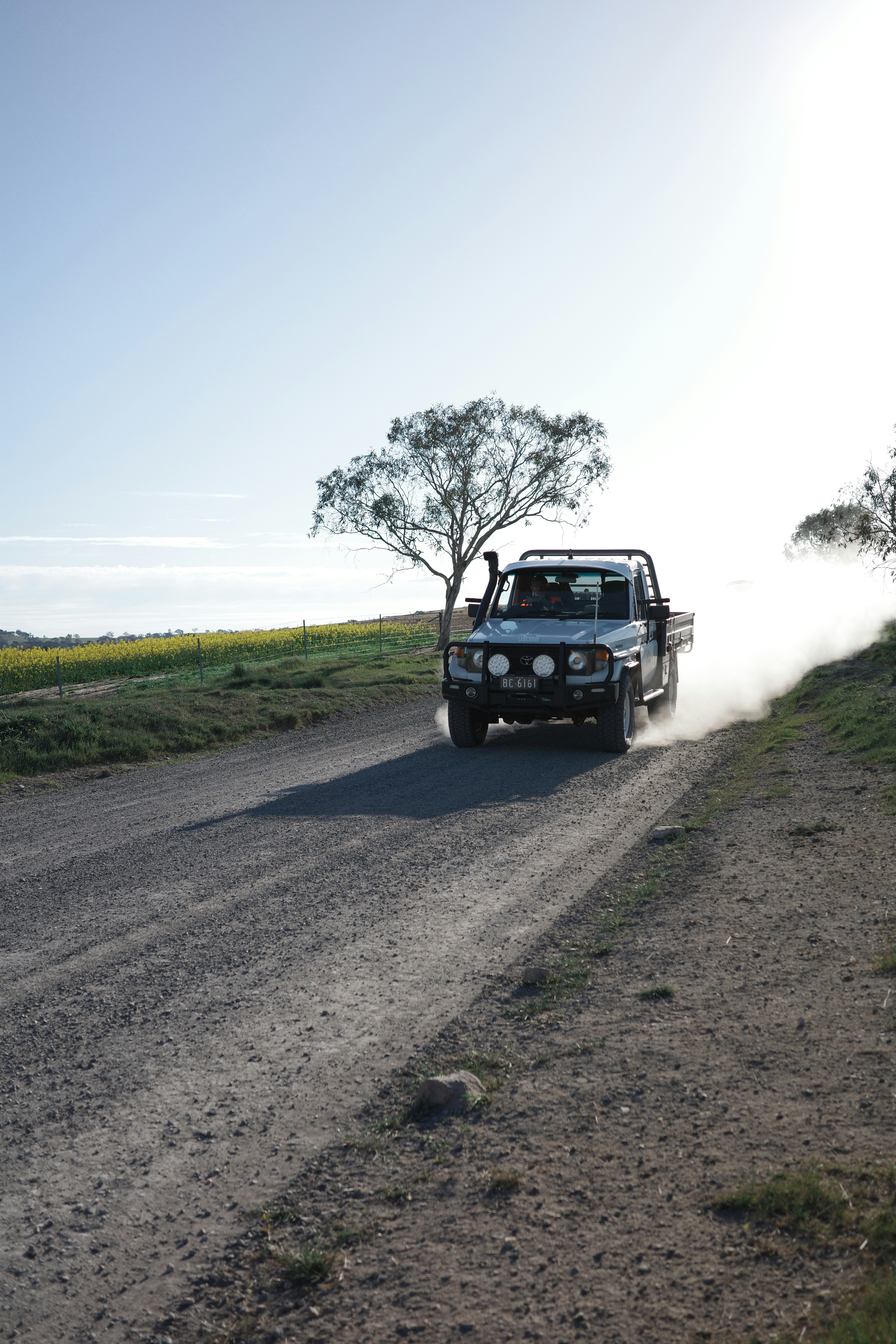 Dust Trail Down a Rural Gravel: A Rugged Pickup Races Toward the Horizon