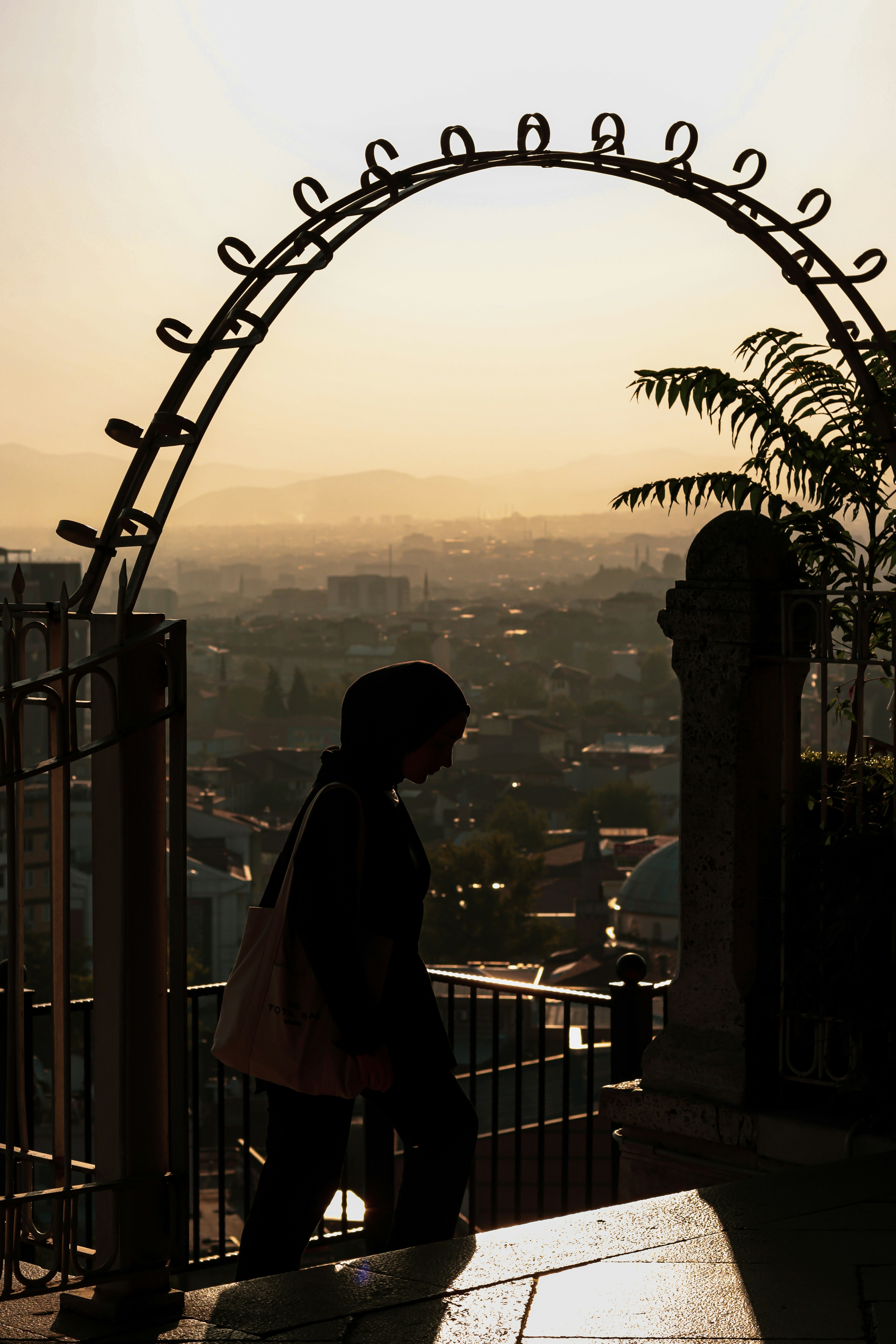 A person standing under an arch with a city in the background photo ...