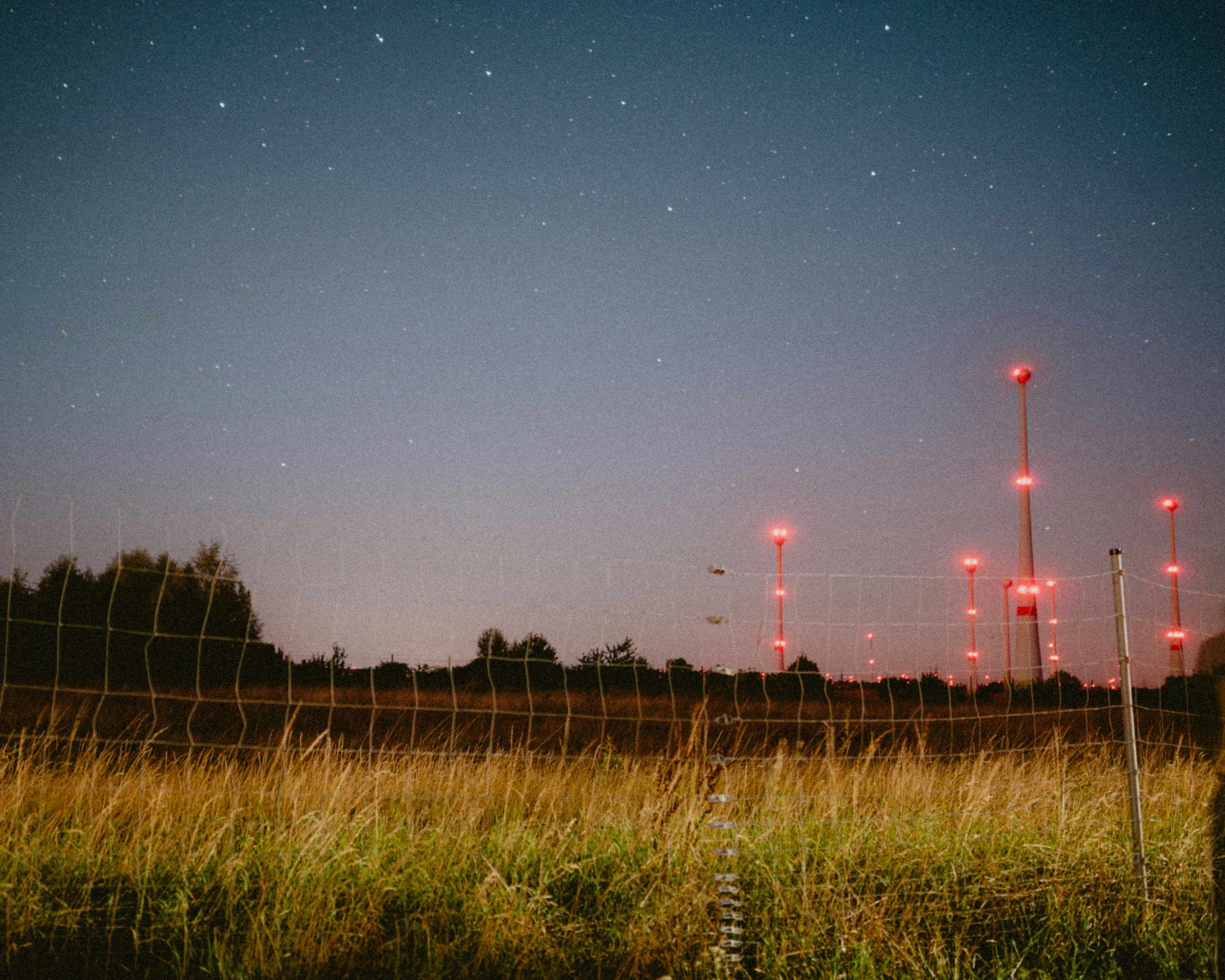 Night Sky Over Barbed Horizon: A Quiet Windbreak Under Red-Illuminated Poles