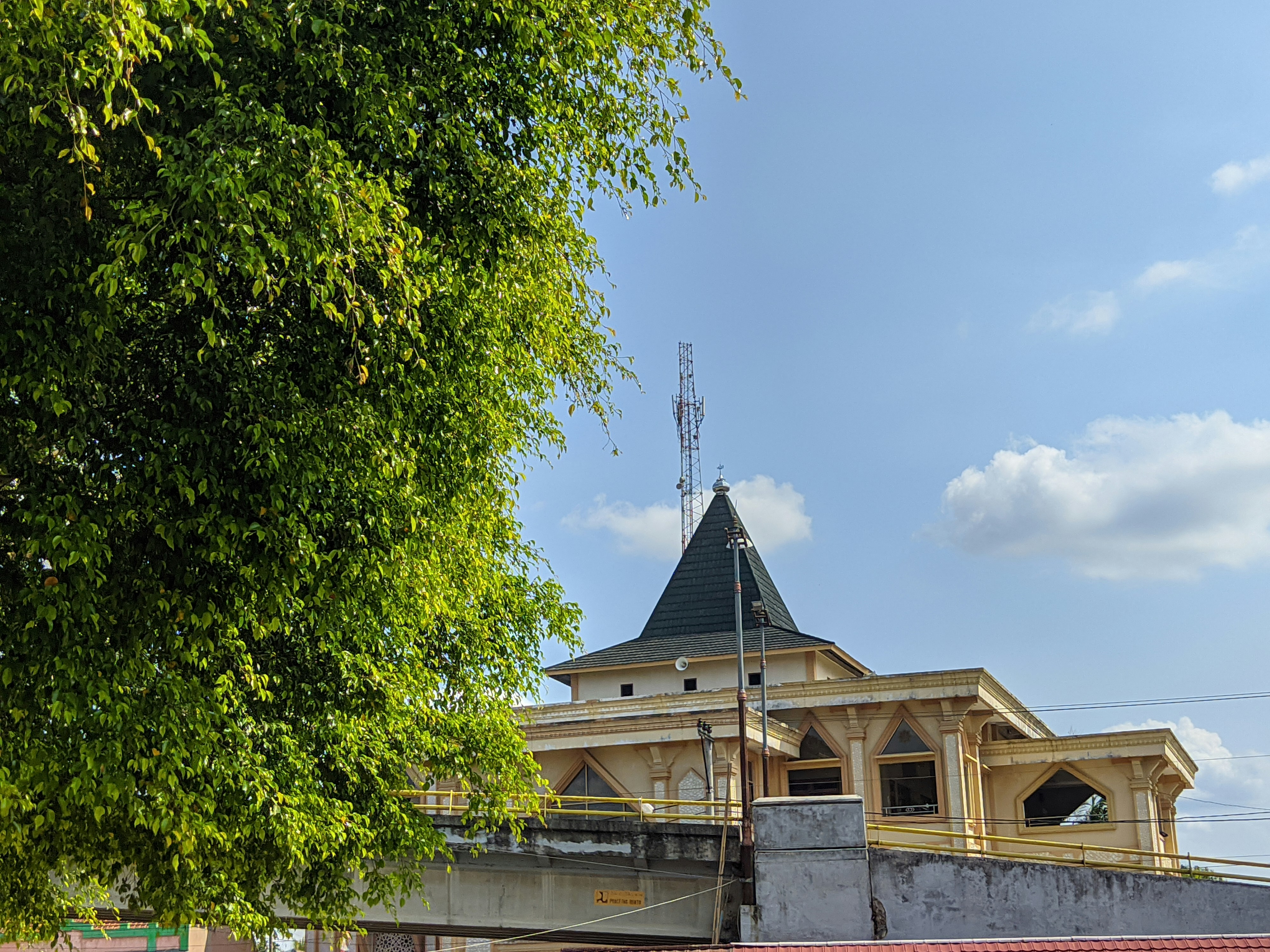 Sunlit building with a triangular roofline framed by a leafy foreground, under a bright blue sky. Photograph captures urban architecture and a hint of surrounding nature.