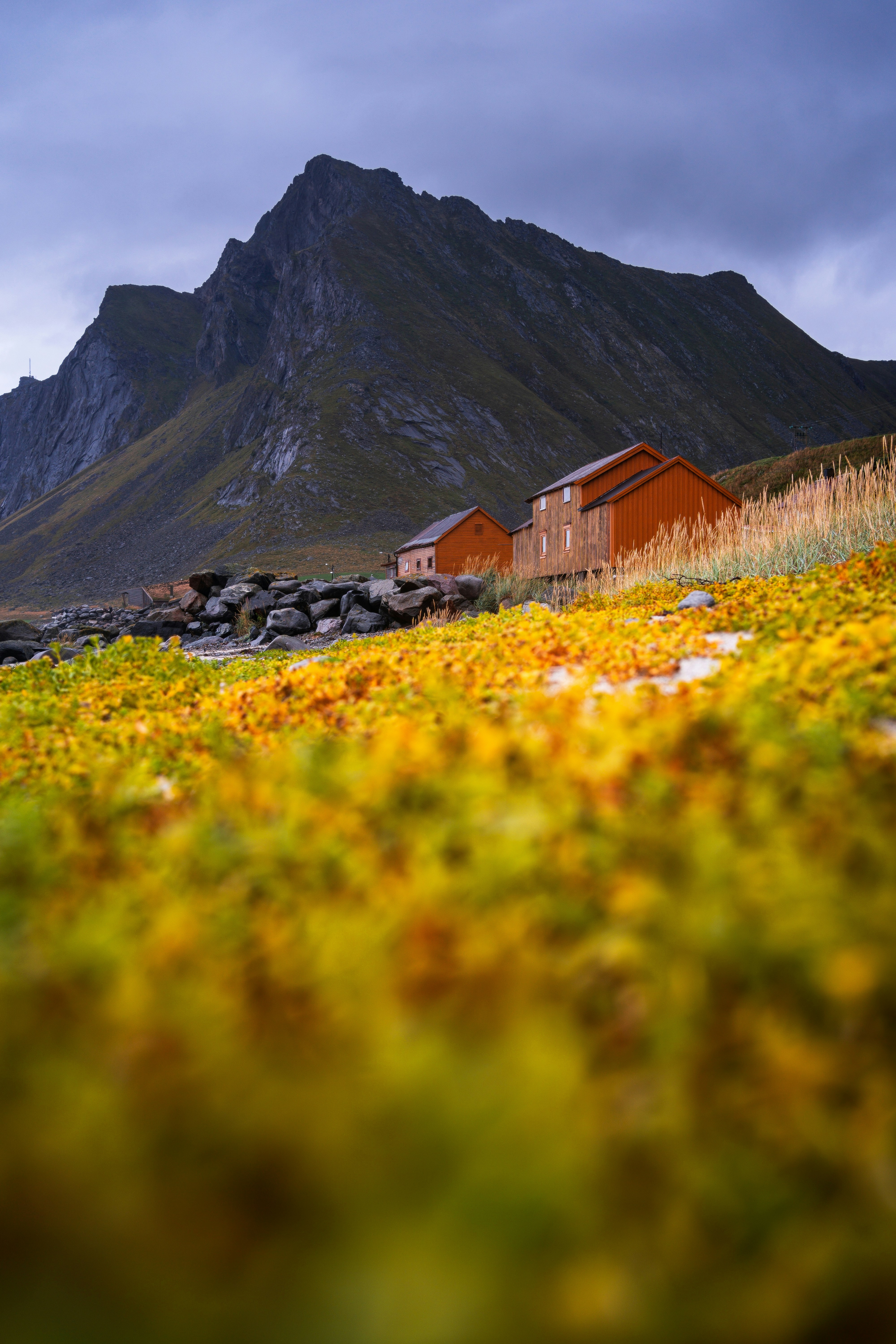 Crimson Cabins at the Foot of a Granite Peak