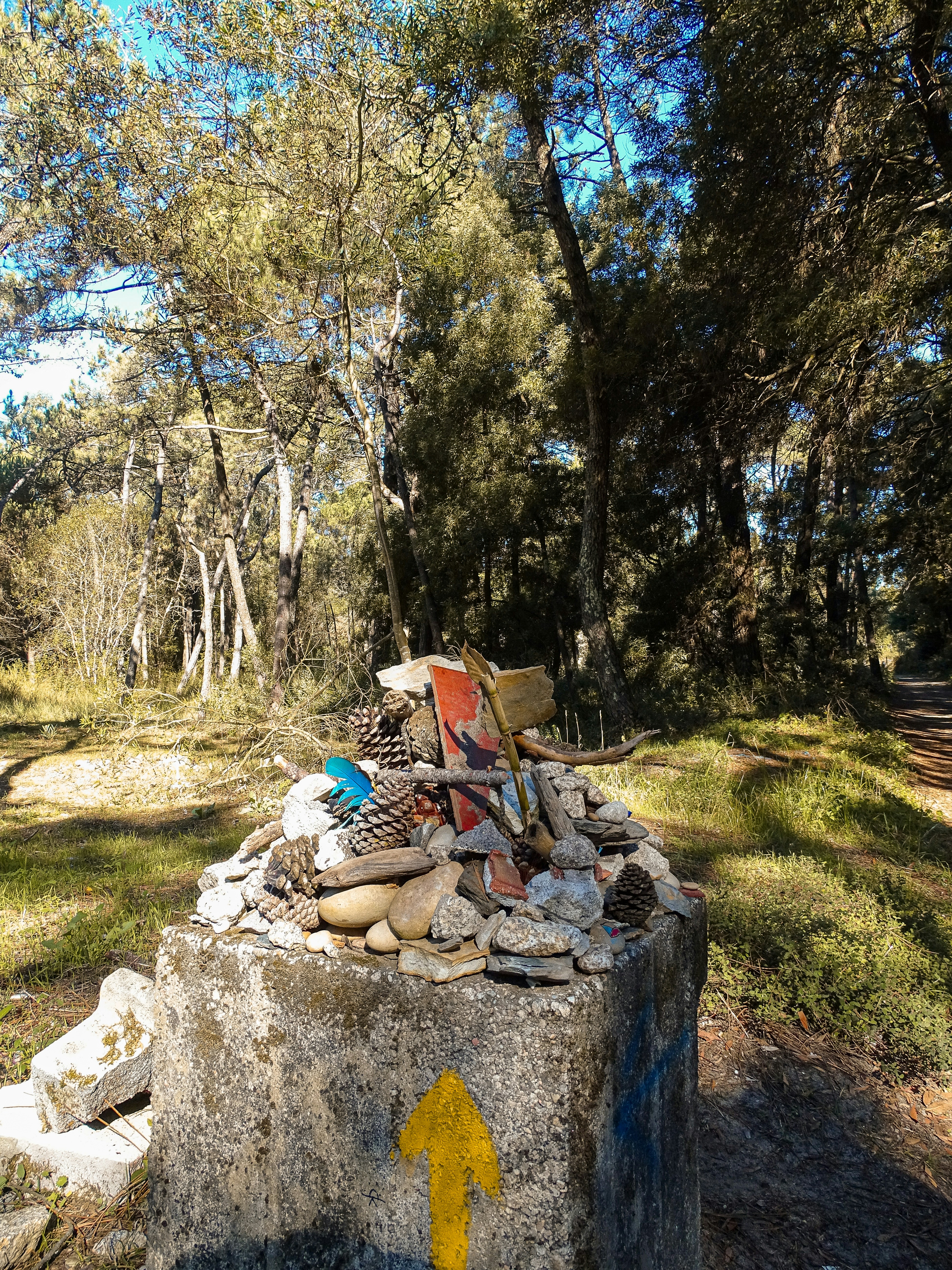Trailside Cairn Shrine: A Sunlit Rock Totem on a Weathered Pedestal