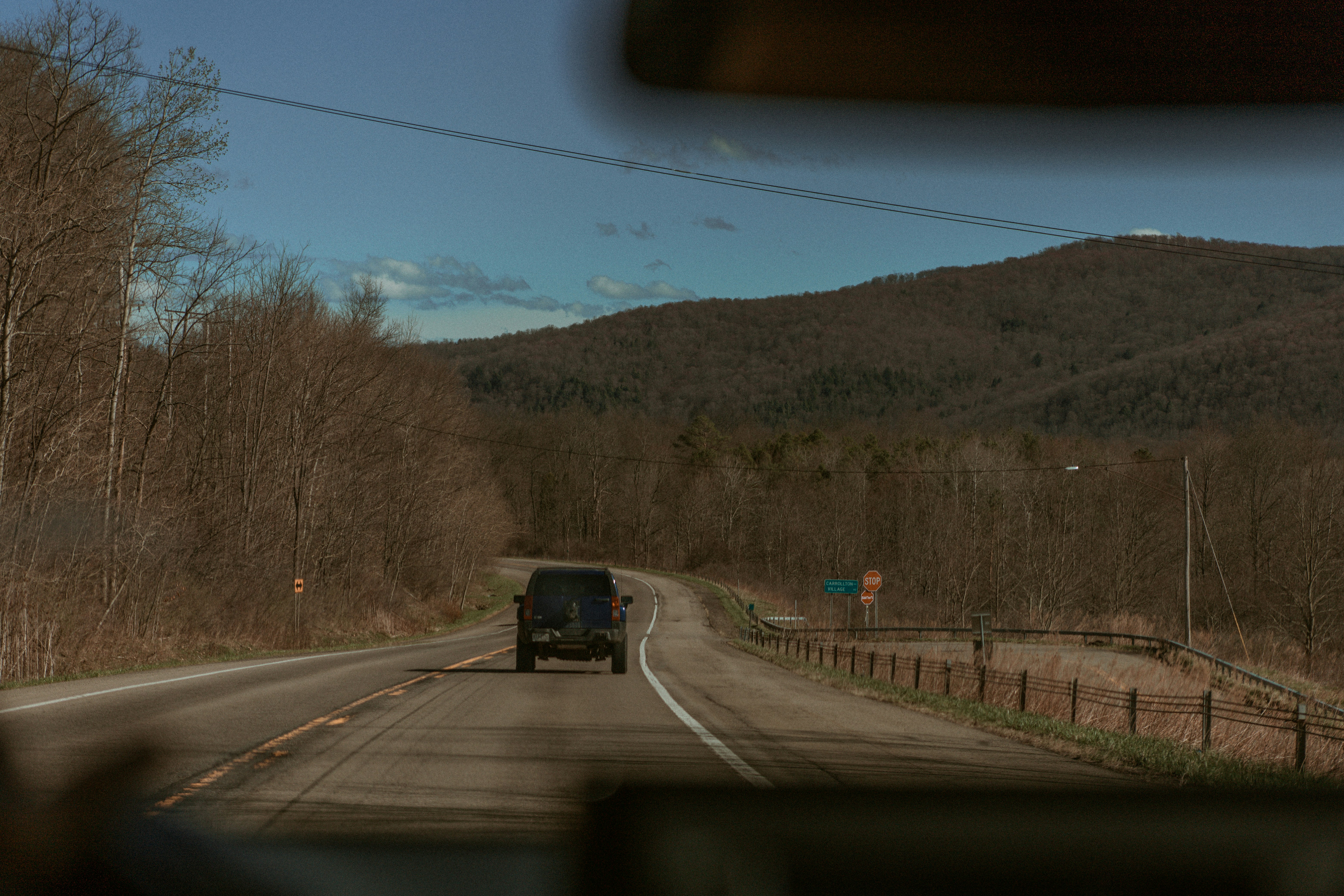 a car driving down a road next to a forest