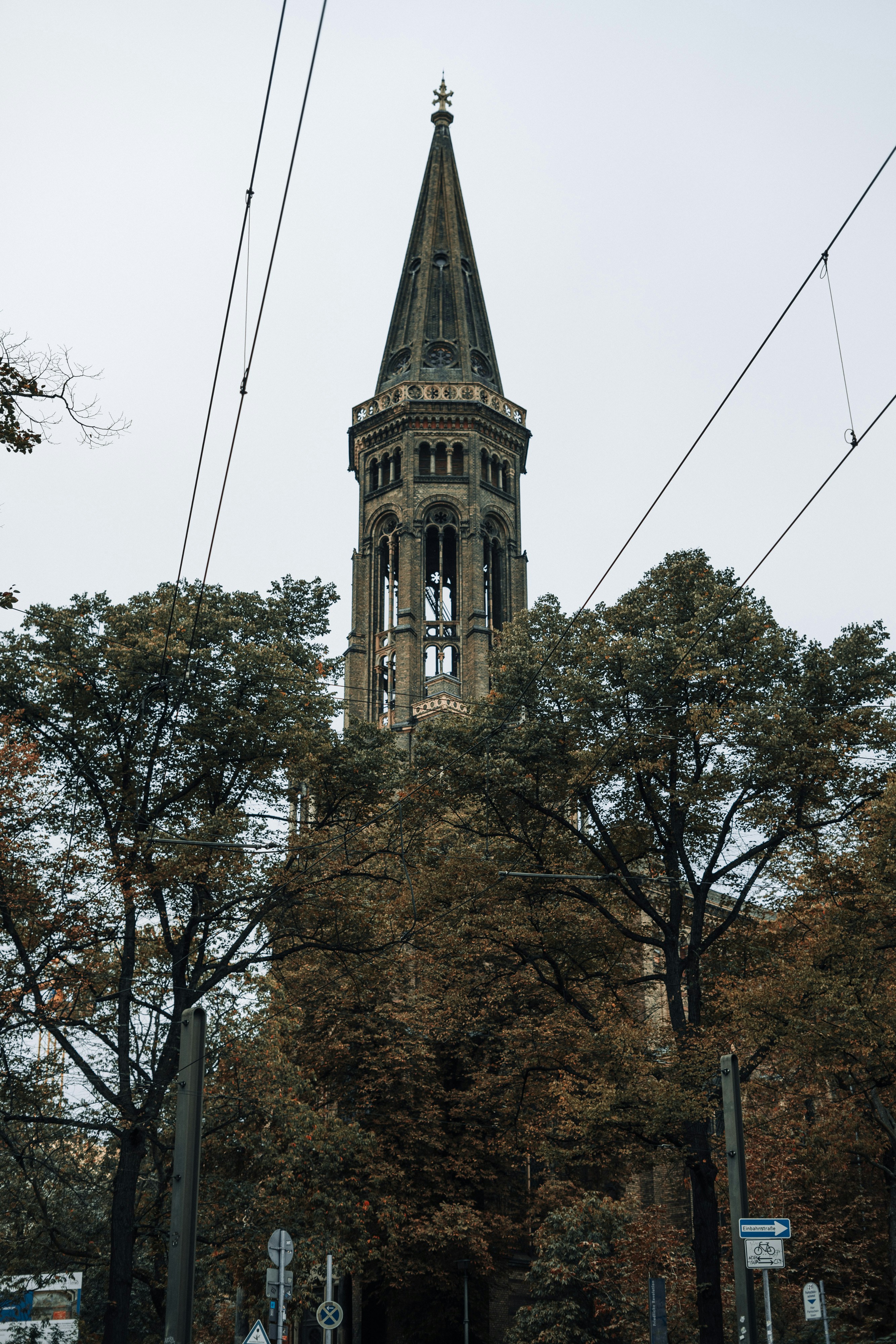 Bell Tower Emerges Through Autumn Canopy and Urban Wires