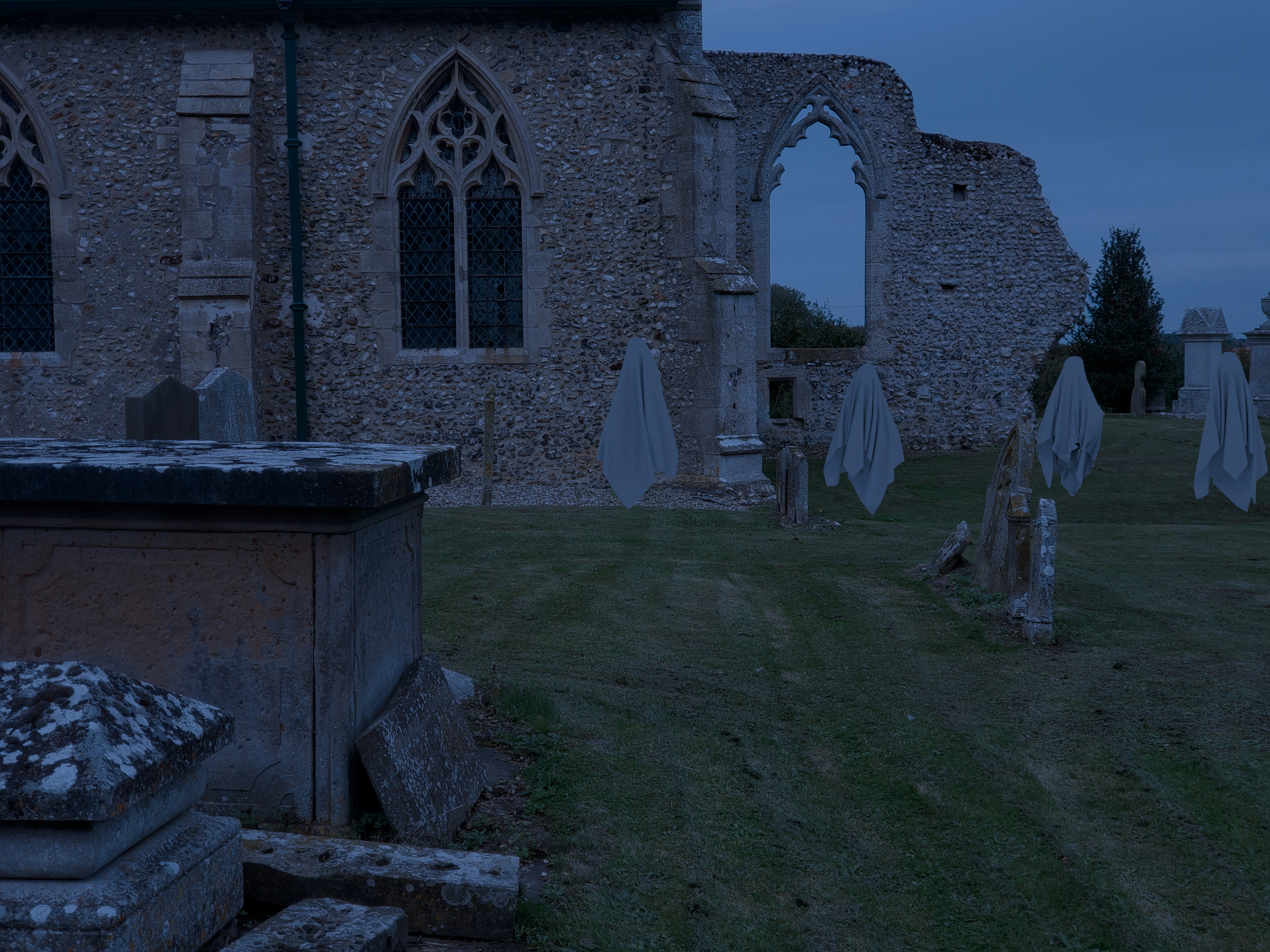 A cemetery with tombstones in front of an old building photo – Free ...