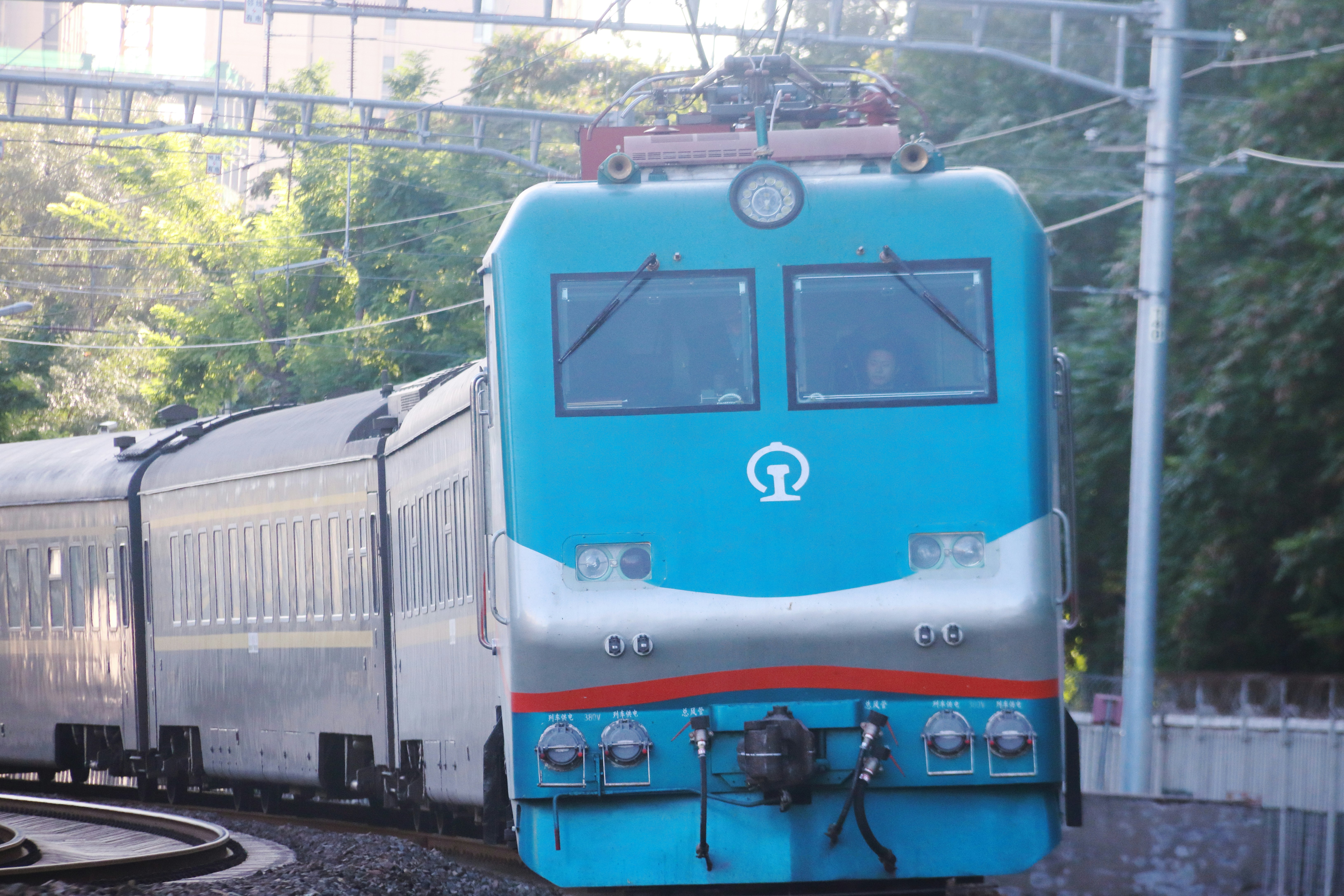A blue train traveling down train tracks next to a forest photo – Free ...