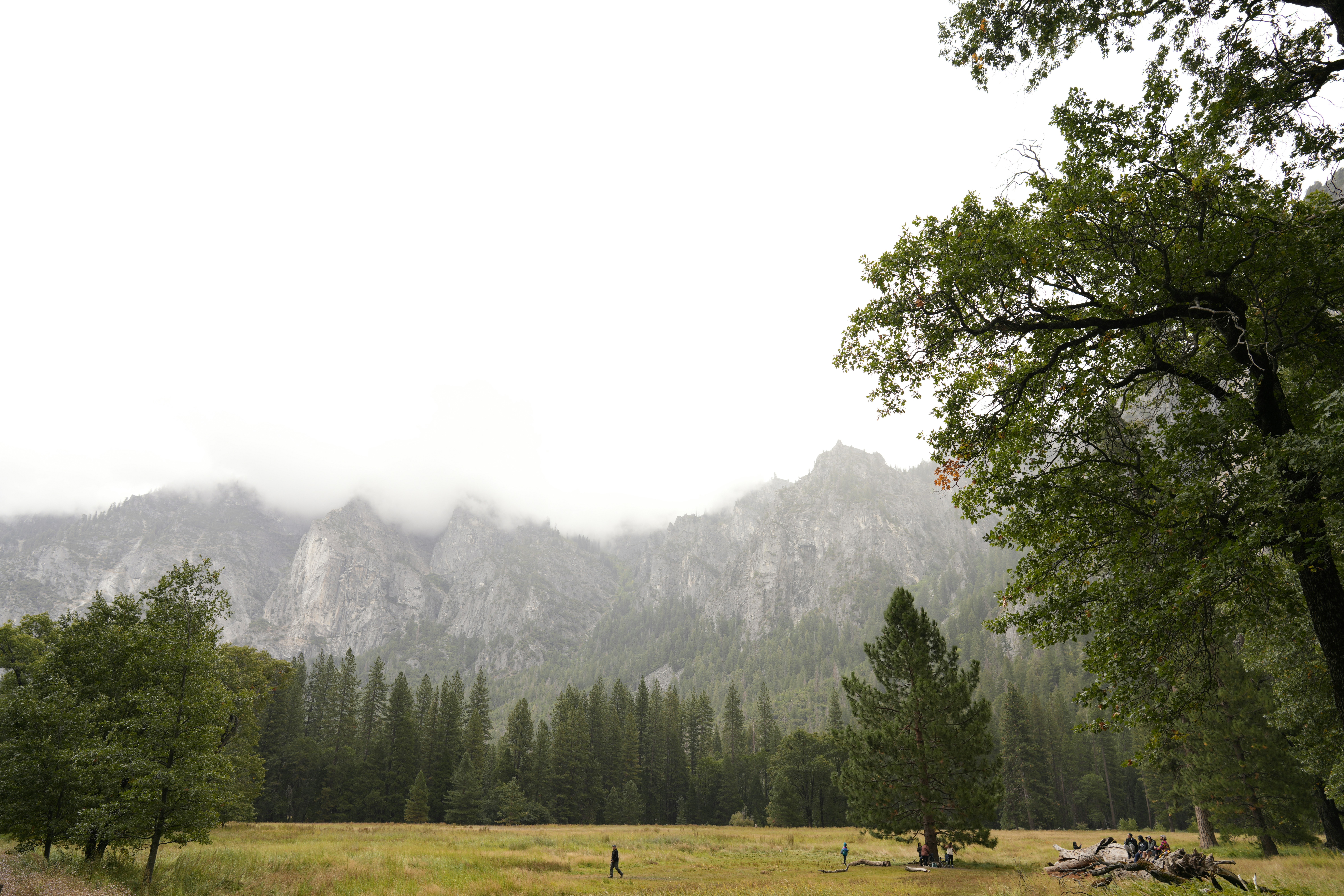 Hiker in the Mist-Laced Meadow Beneath Granite Peaks