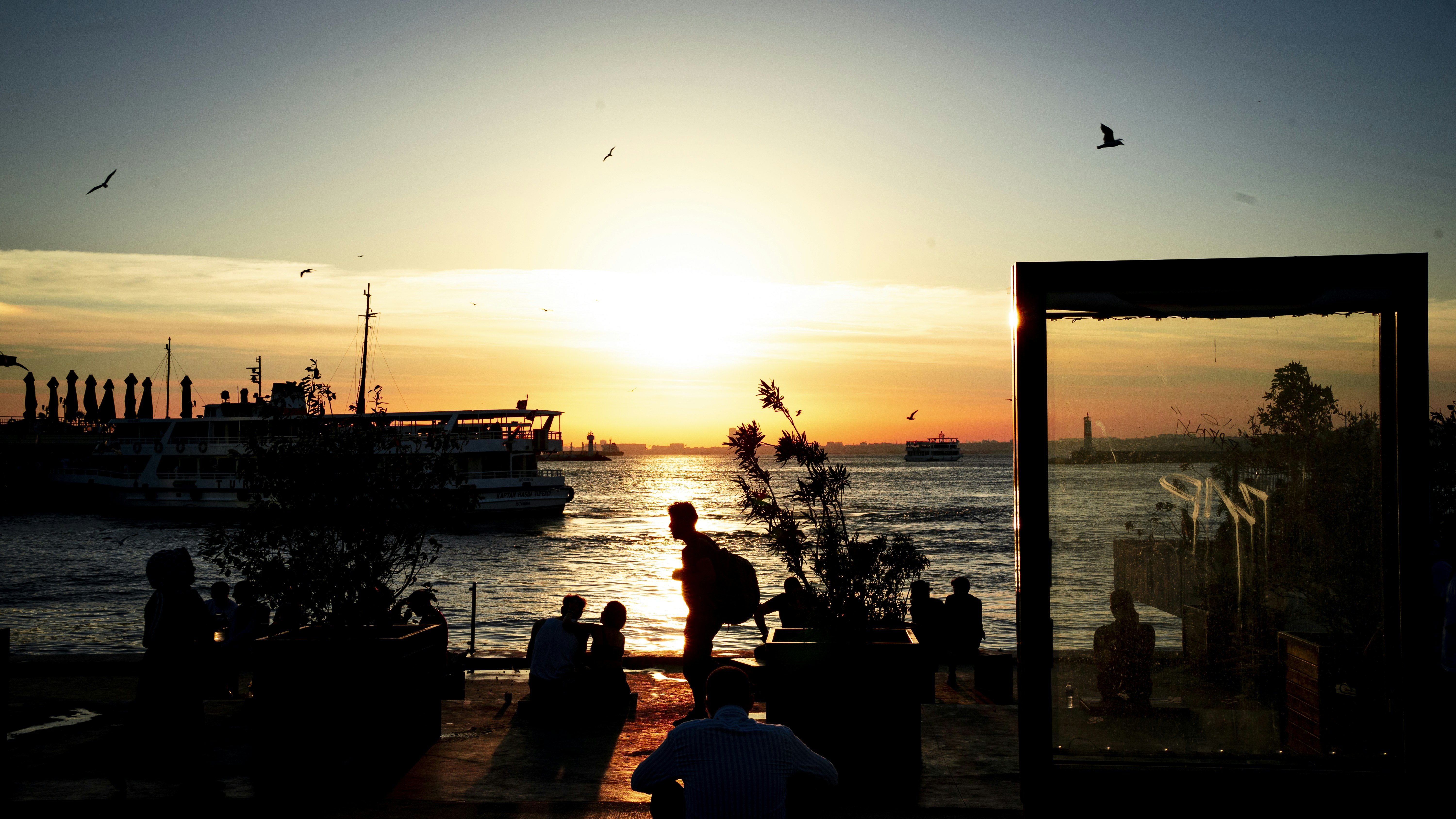 Harbor Sunset Silhouettes Framed by a Glass Portal
