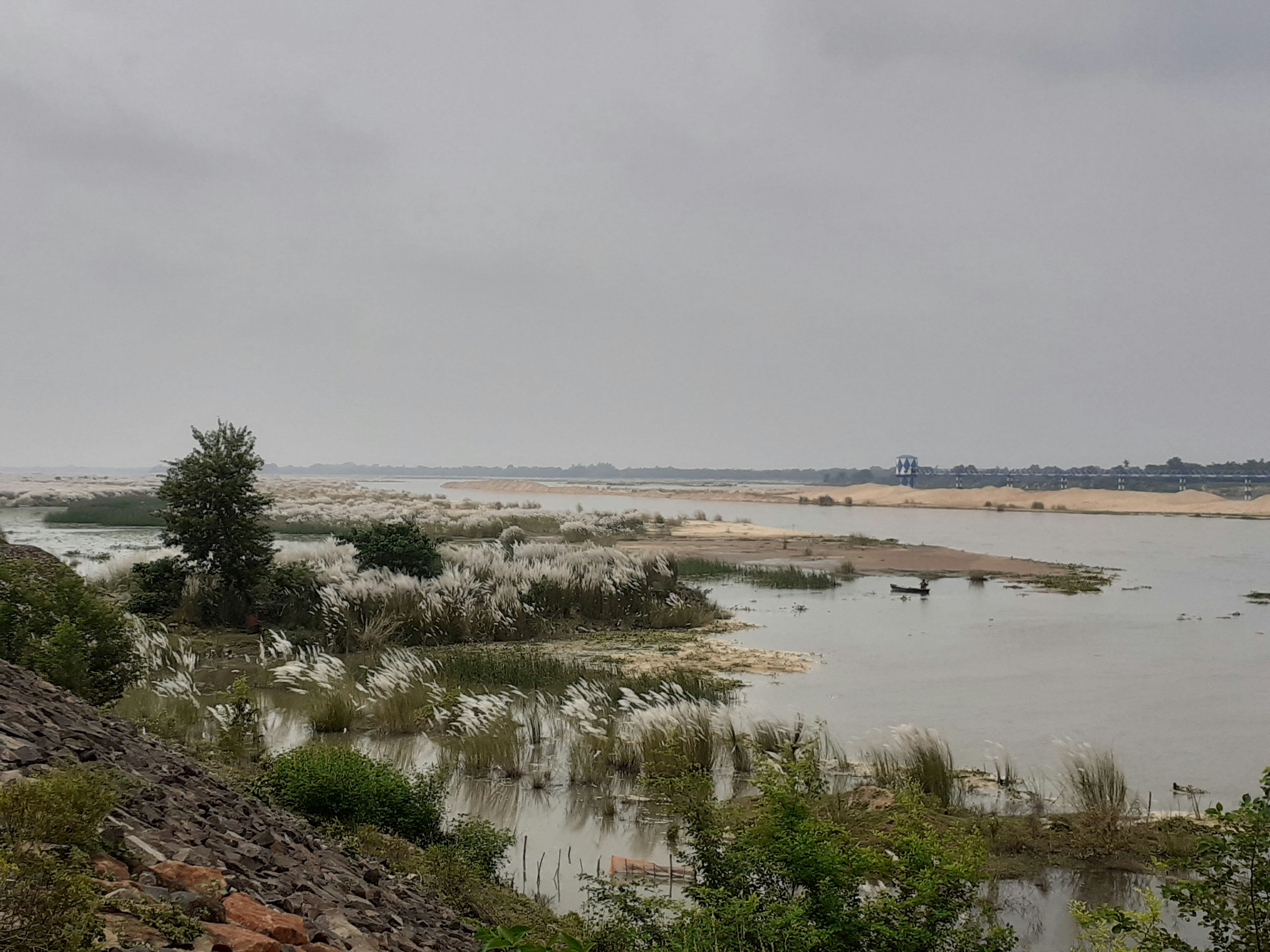 Expansive river landscape with scattered vegetation under an overcast sky.