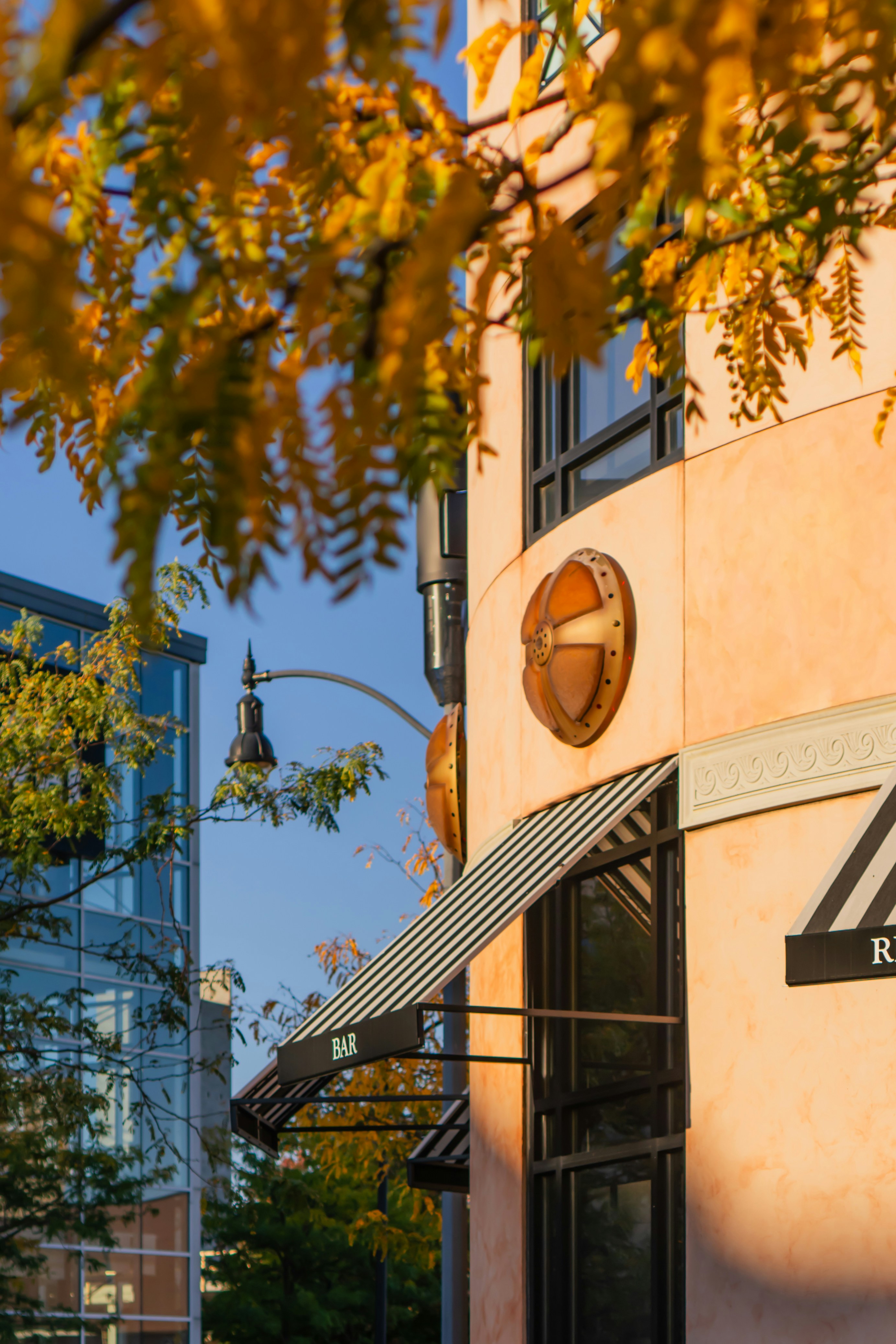 Sunlit Corner Café: Autumn Light on a Modern Facade