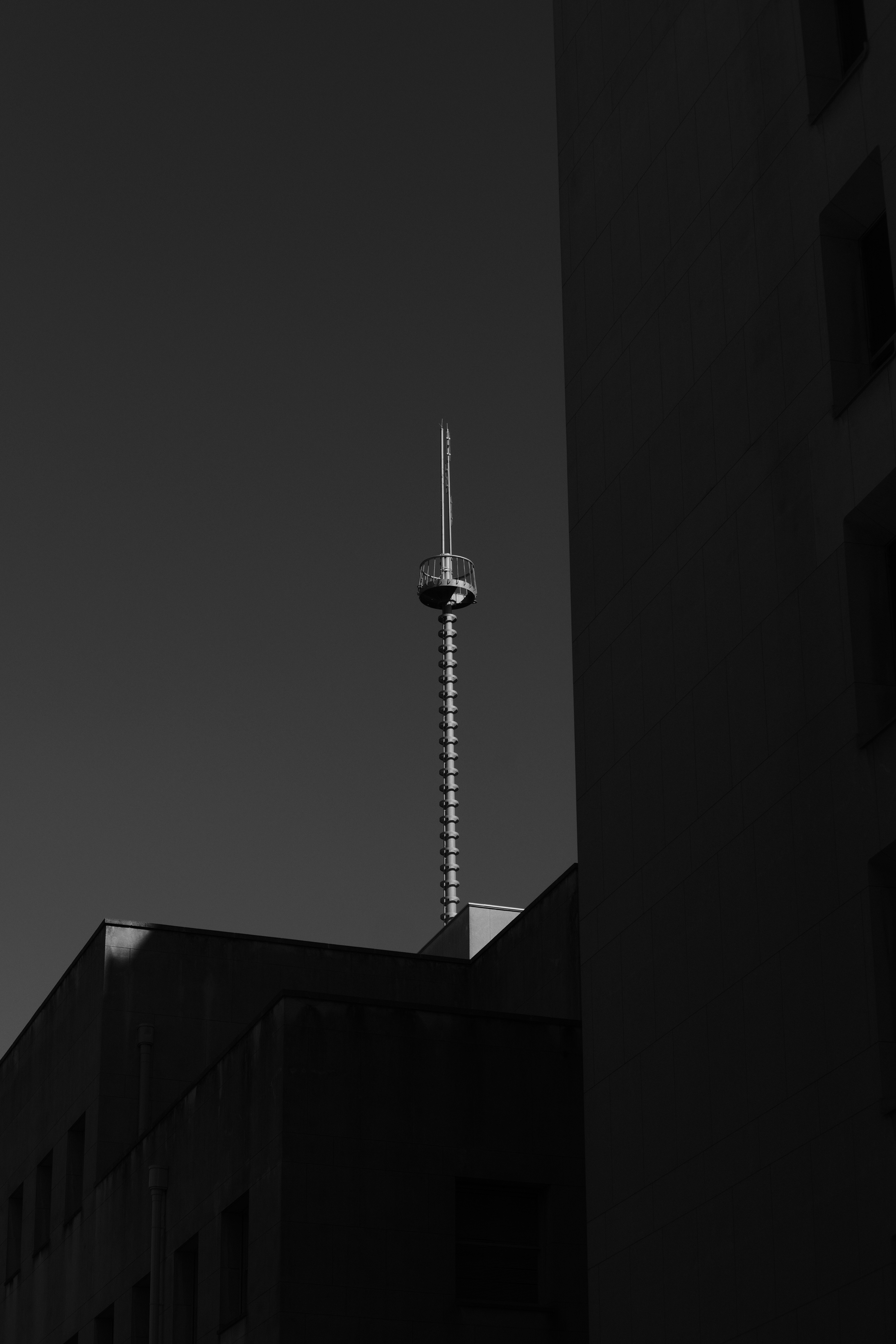 Spire Above Shadows: A Minimalist Black-and-White City Snapshot