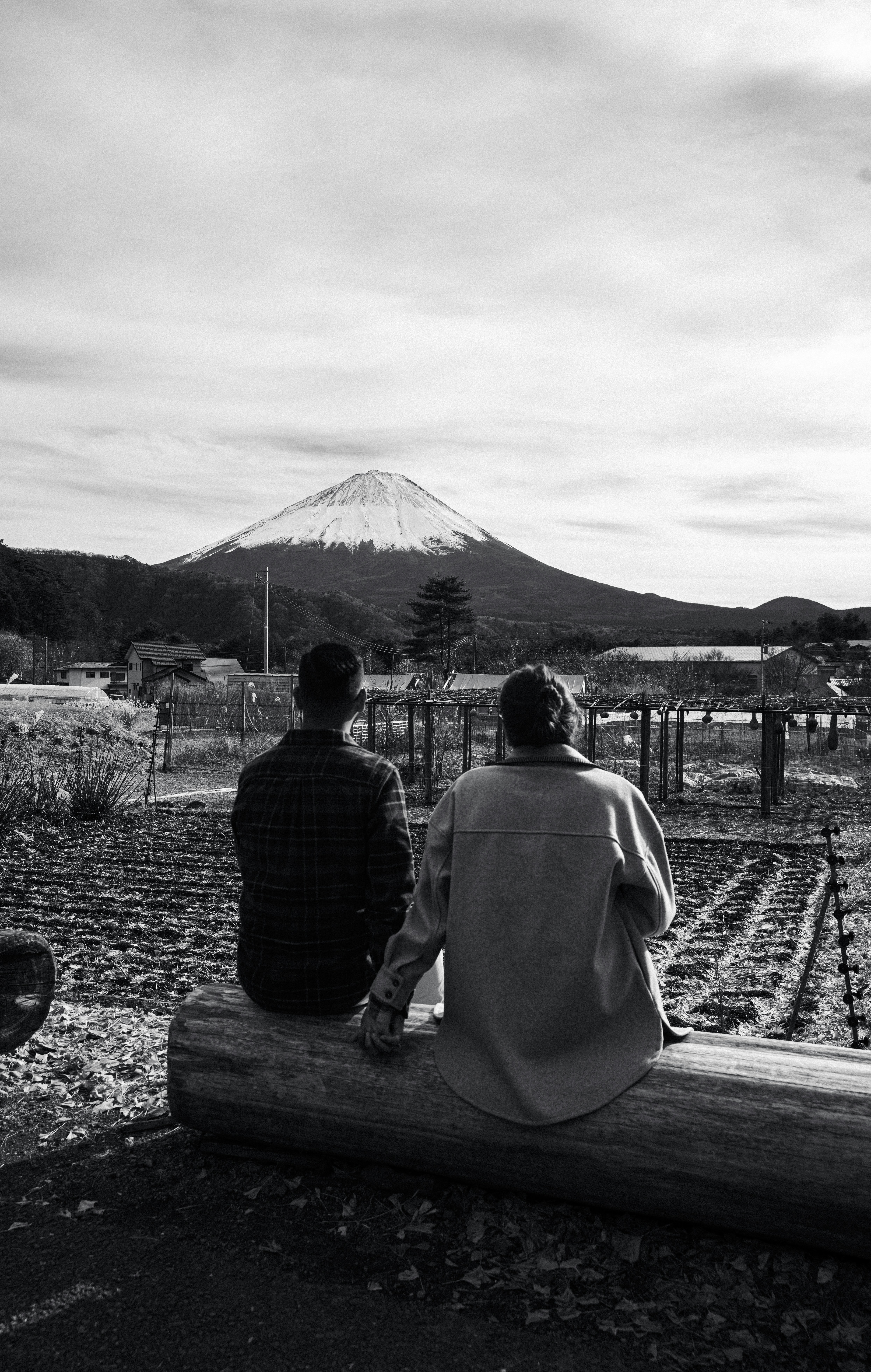 Monochrome Moment: Mount Fuji Framed by a Quiet Bench