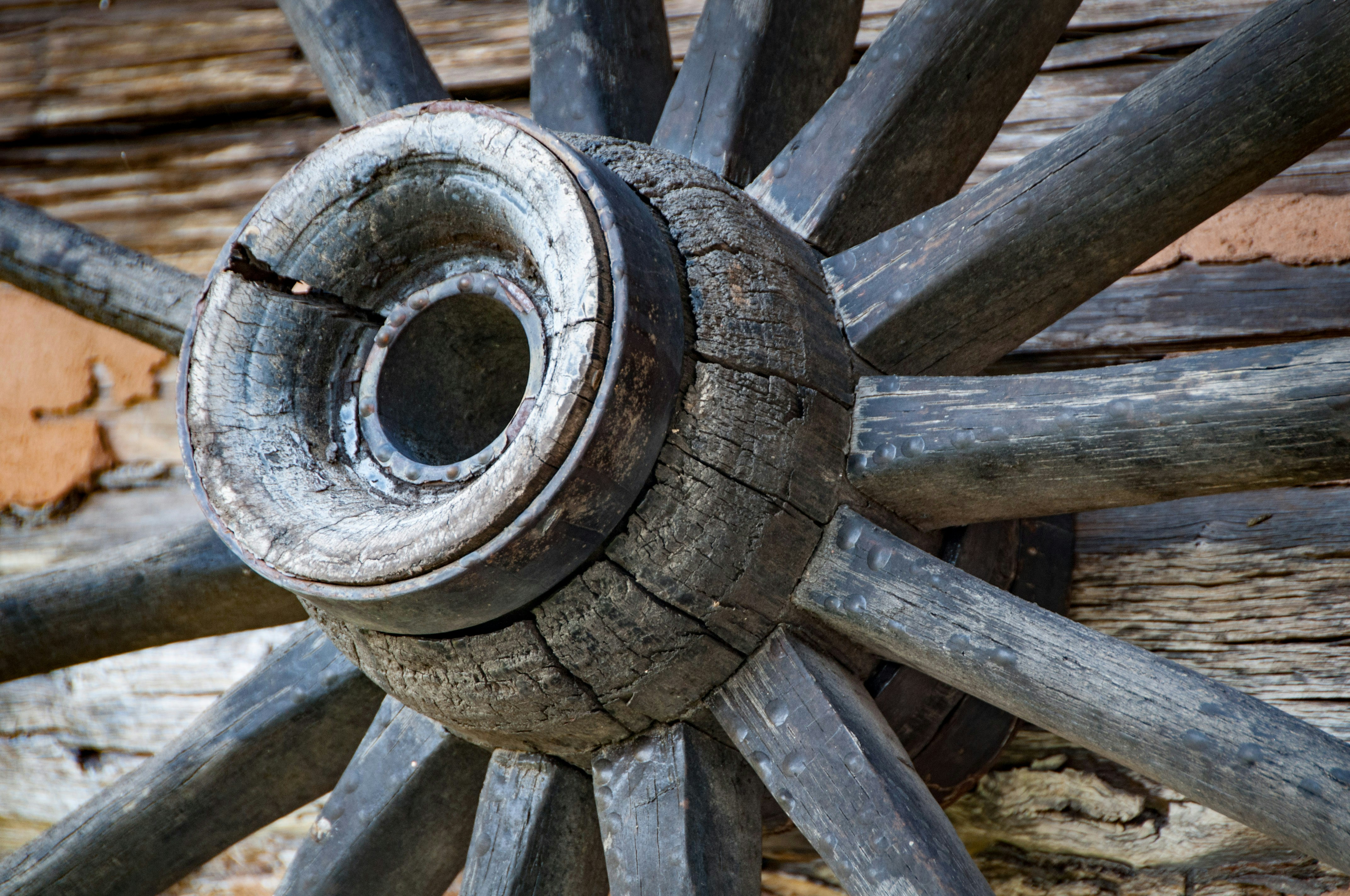 Weathered wooden wheel at Yates Mill in Raleigh, North Carolina, USA. Nikon D300.