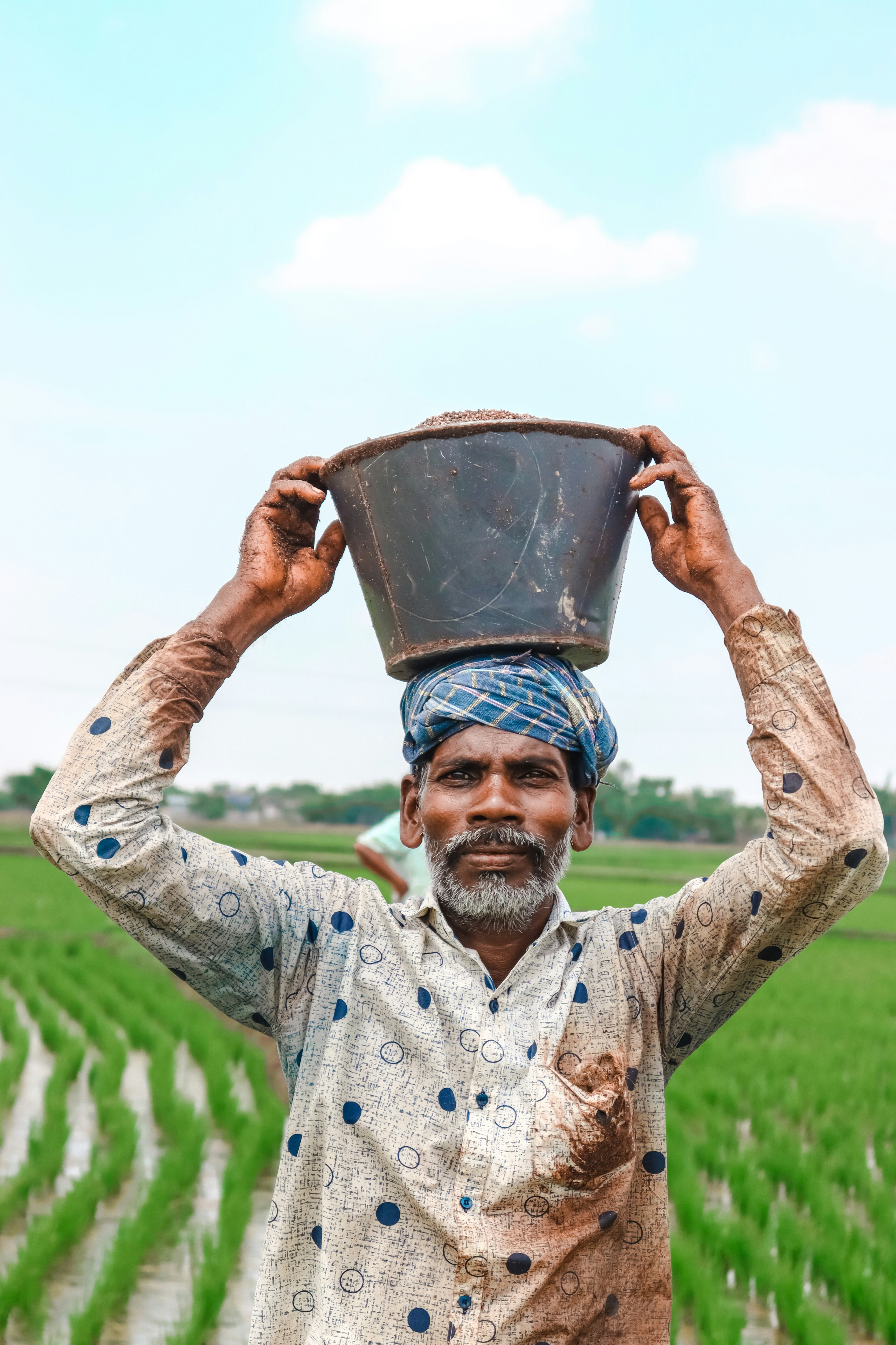 A man is holding a bucket over his head photo – Free Grass Image on ...