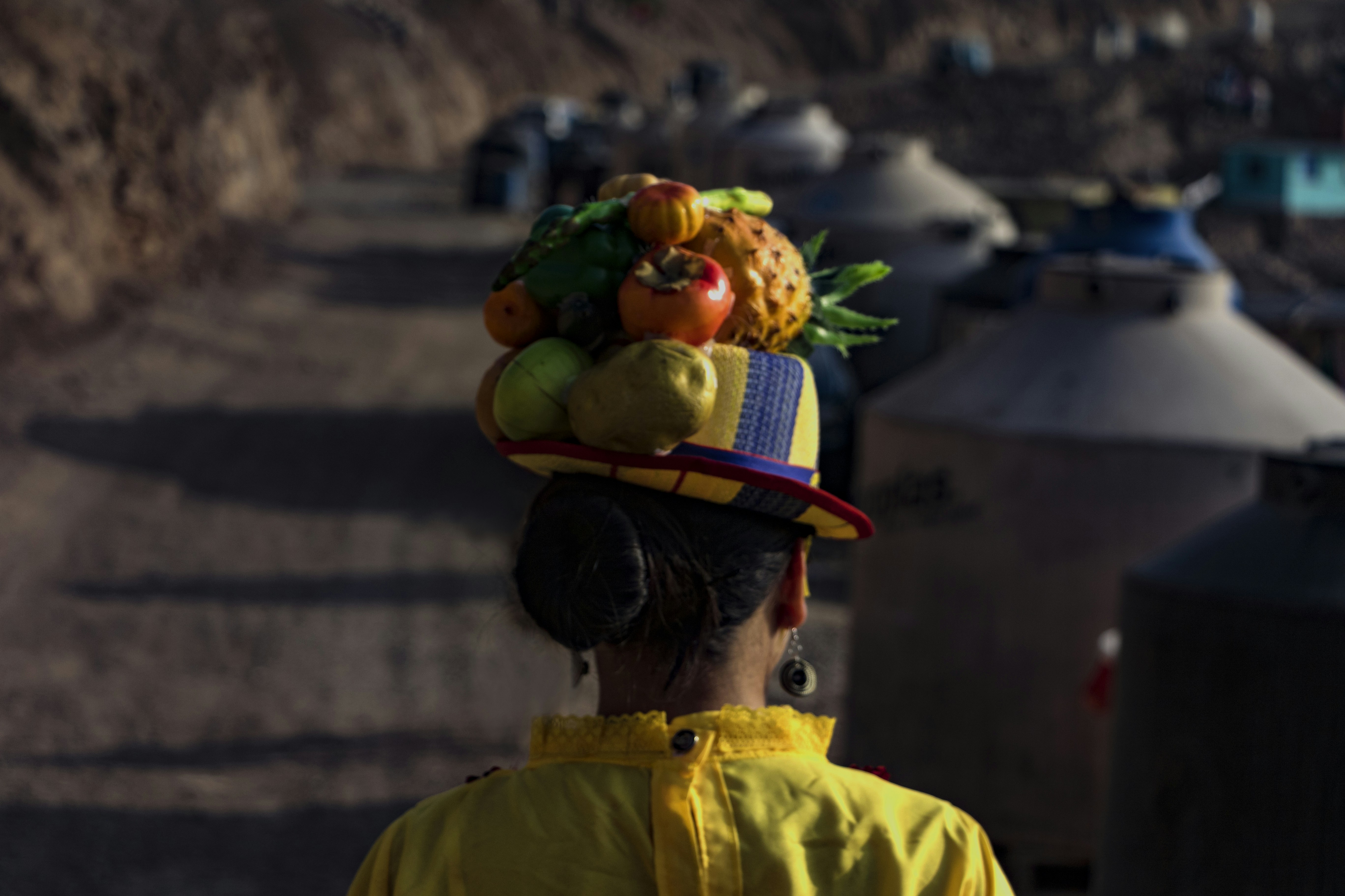 Fruit-Topped Headdress Portrait at the Harbor