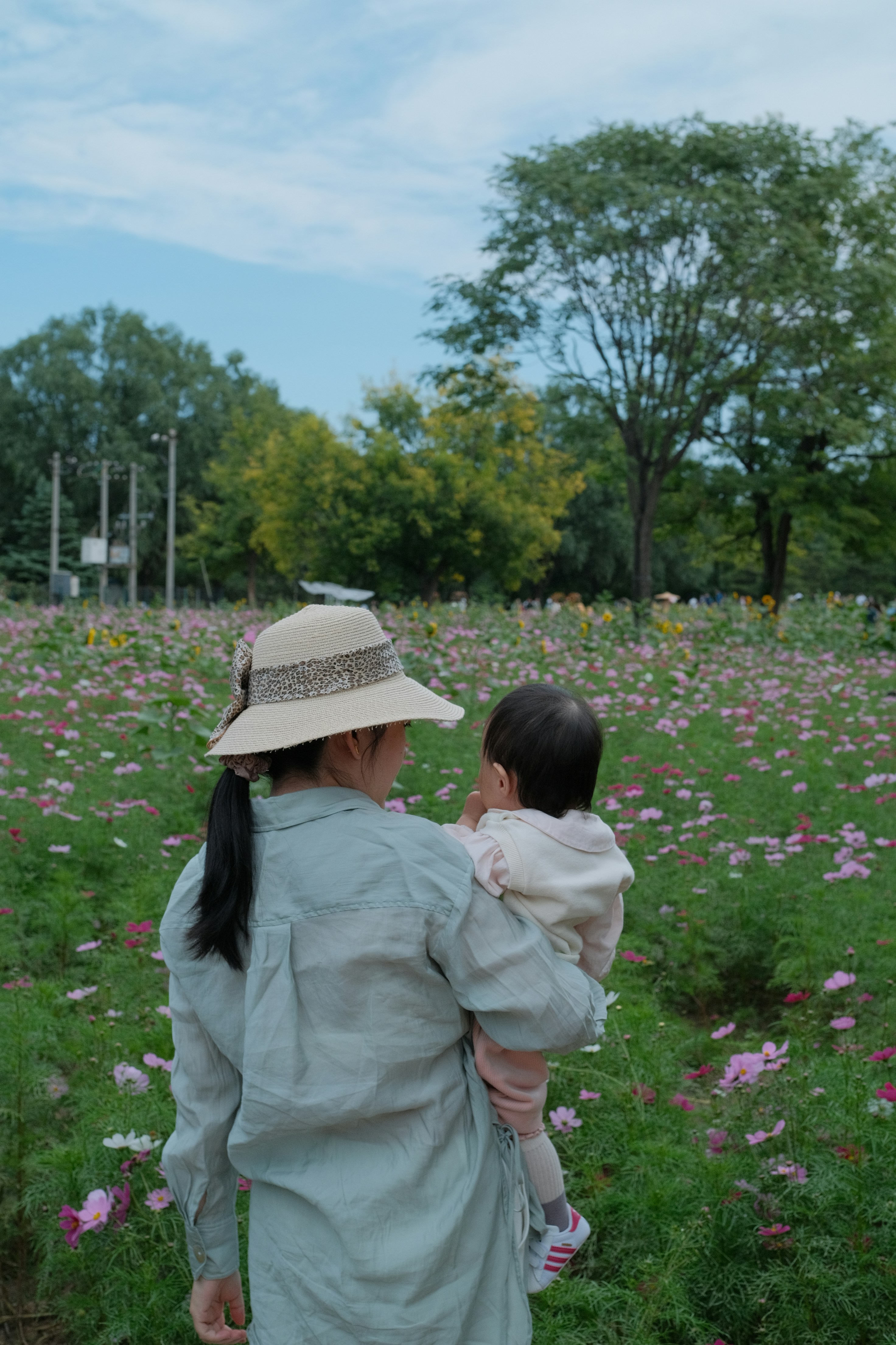 Pink Meadow Moment: A Mother Carries Her Child Across a Field of Blooming Pink Flowers