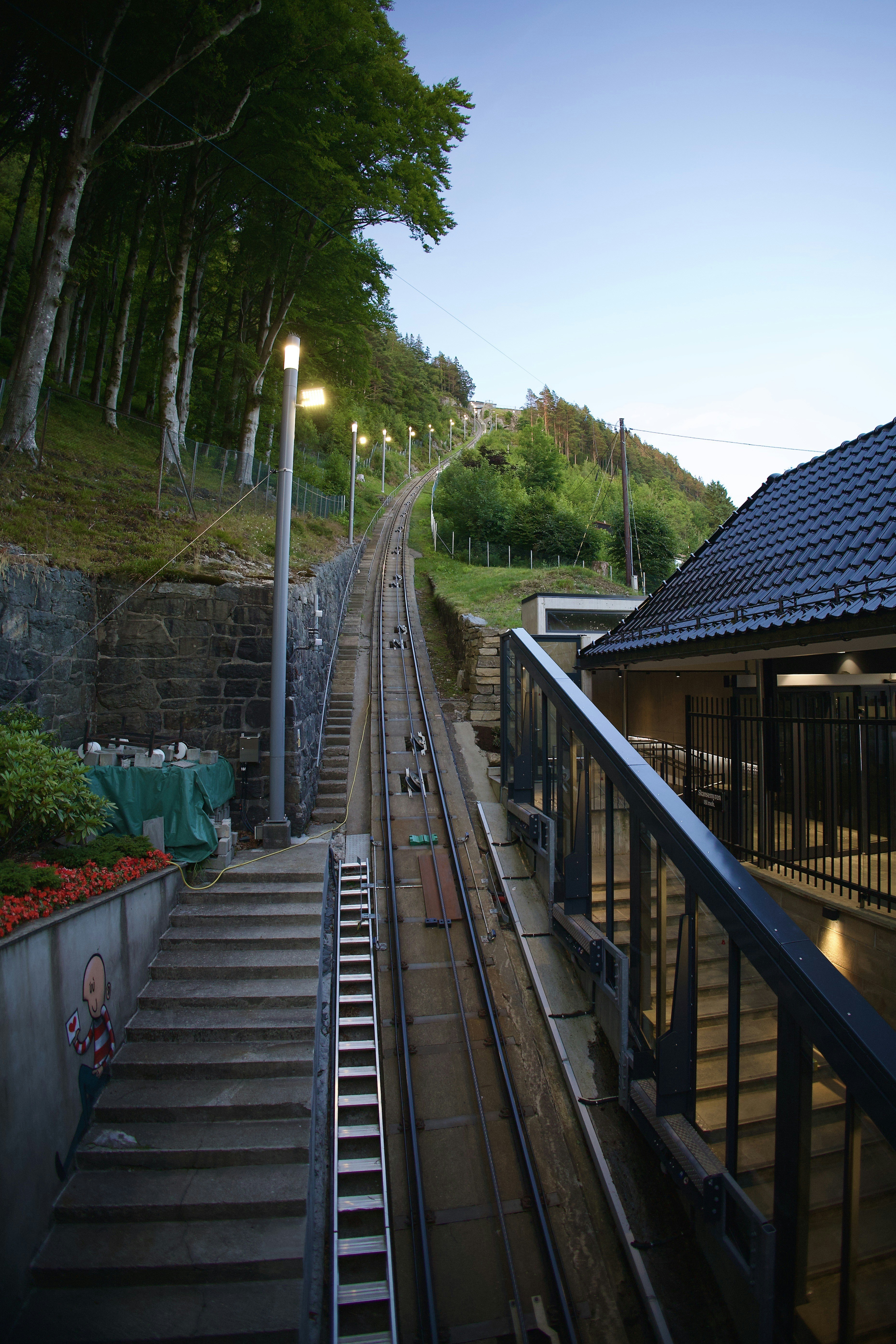 Converging Rails up a Forested Slope toward a Quiet Hilltop Station