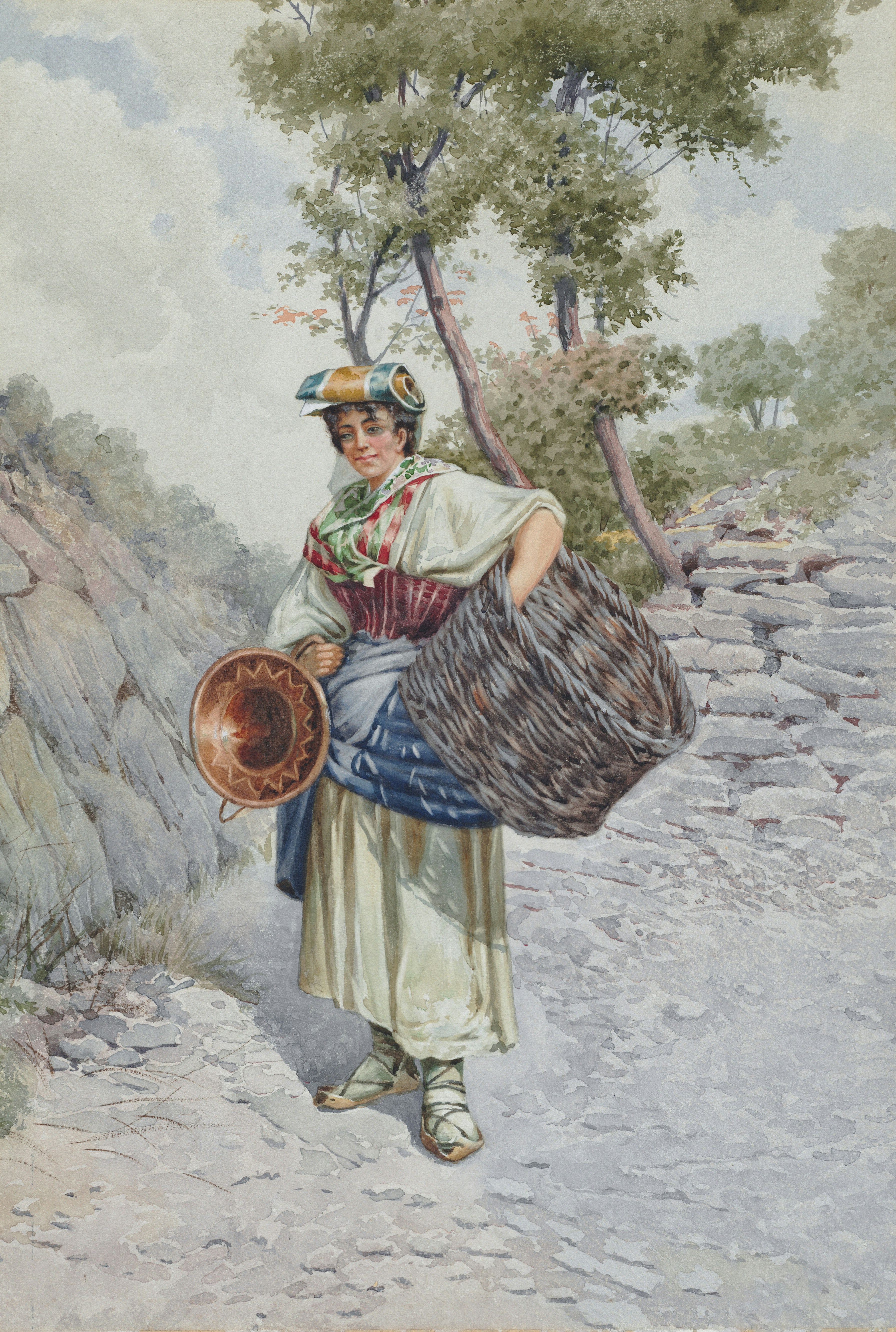 Peasant Girl on a Stony Road 1800s R. Gigli (Italian) Italy, 19th century Watercolor over traces of black chalk(?) Support: Cream(3) wove paper (traces of paper strips mounted to the perimeter of the drawing) Sheet: 63.4 x 43.5 cm (24 15/16 x 17 1/8 in.) Gift of the Ohio C. Barber Estate through Andrew C. Squire 1927.98 https://www.clevelandart.org/art/1927.98