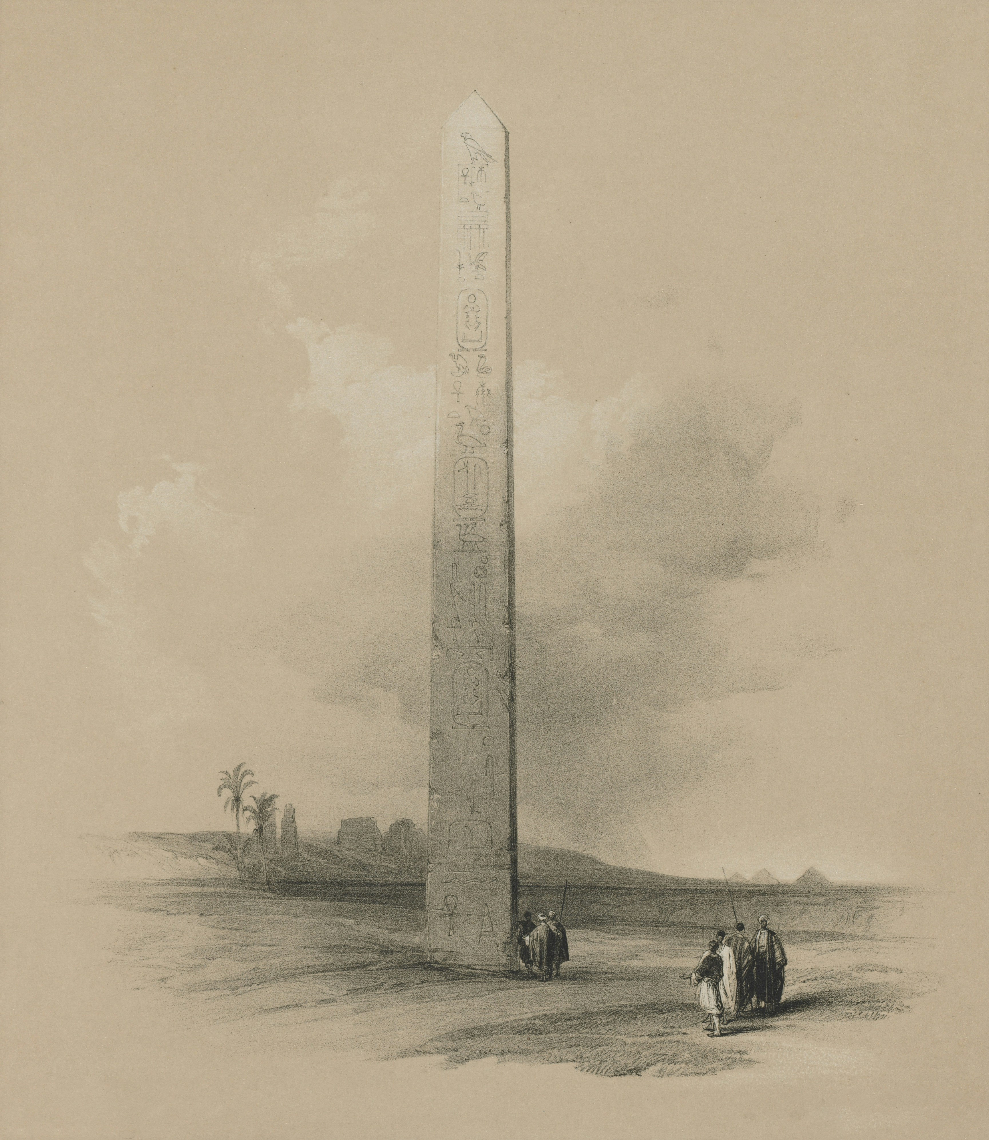 A drawing of a tall obelisk in a field photo – Free Lithography Image ...