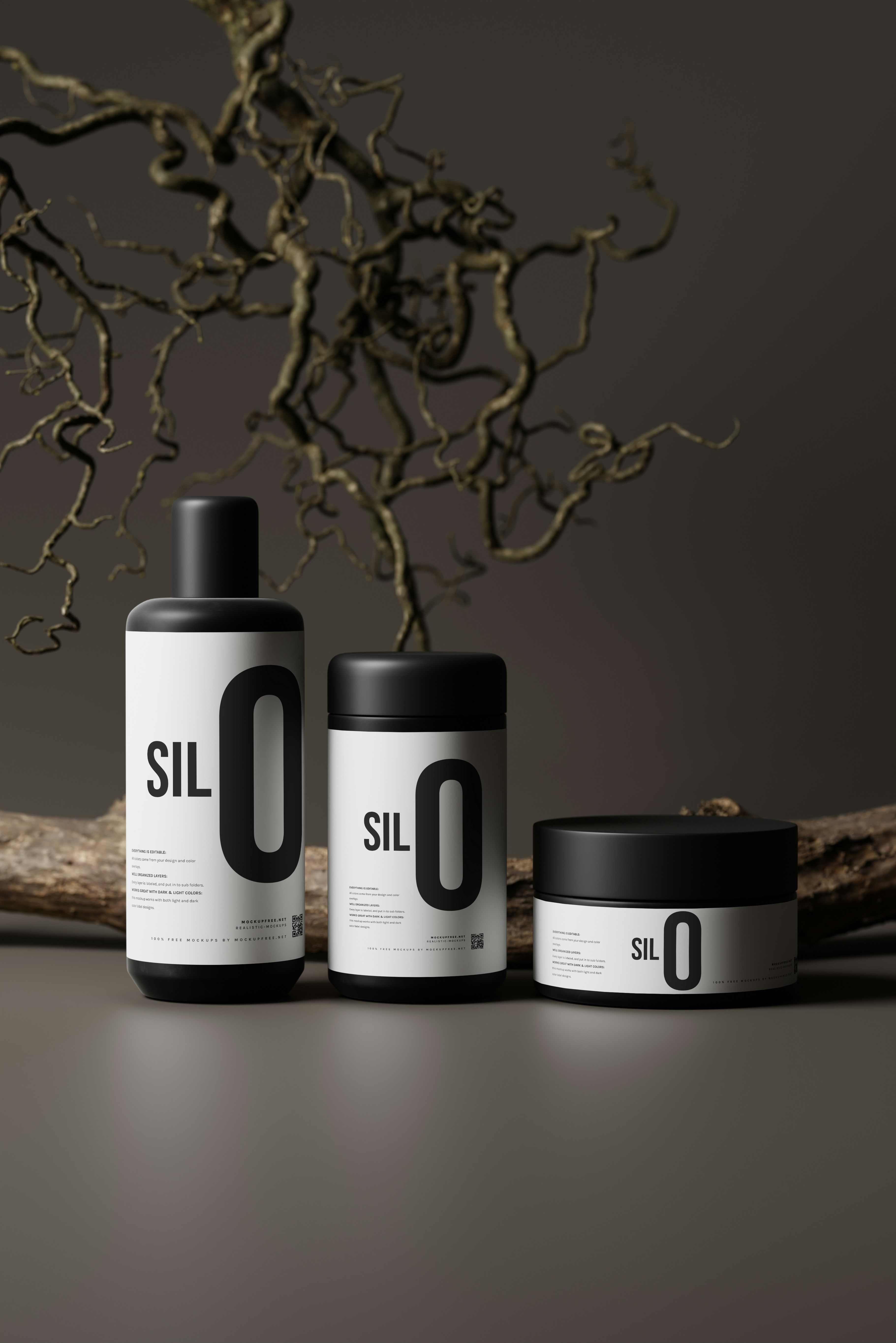 Three bottles of sil o sit next to a branch photo – Free Design Image ...
