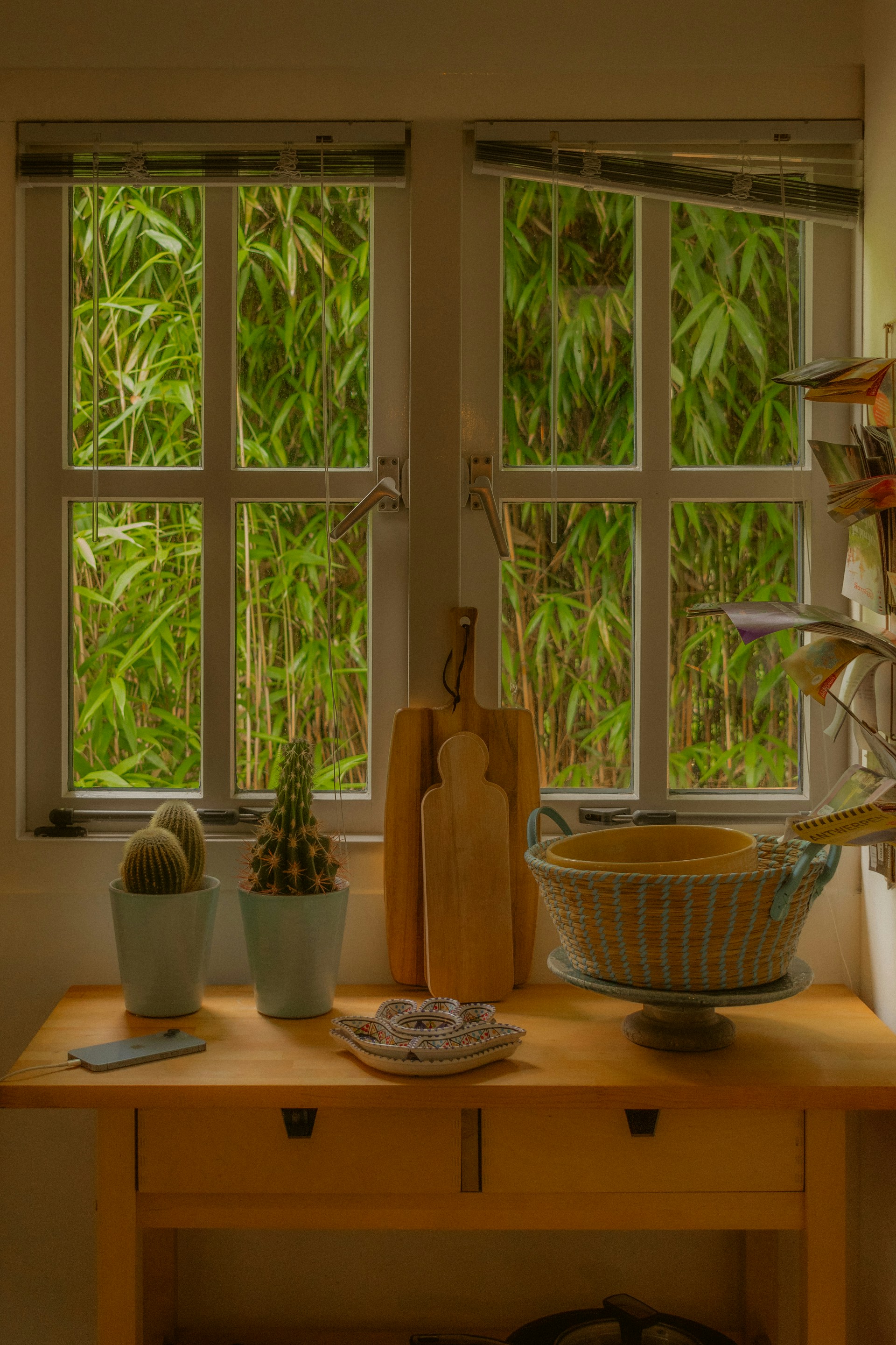 Window-Glow Still Life: Bamboo, Wood, and a Woven Basket