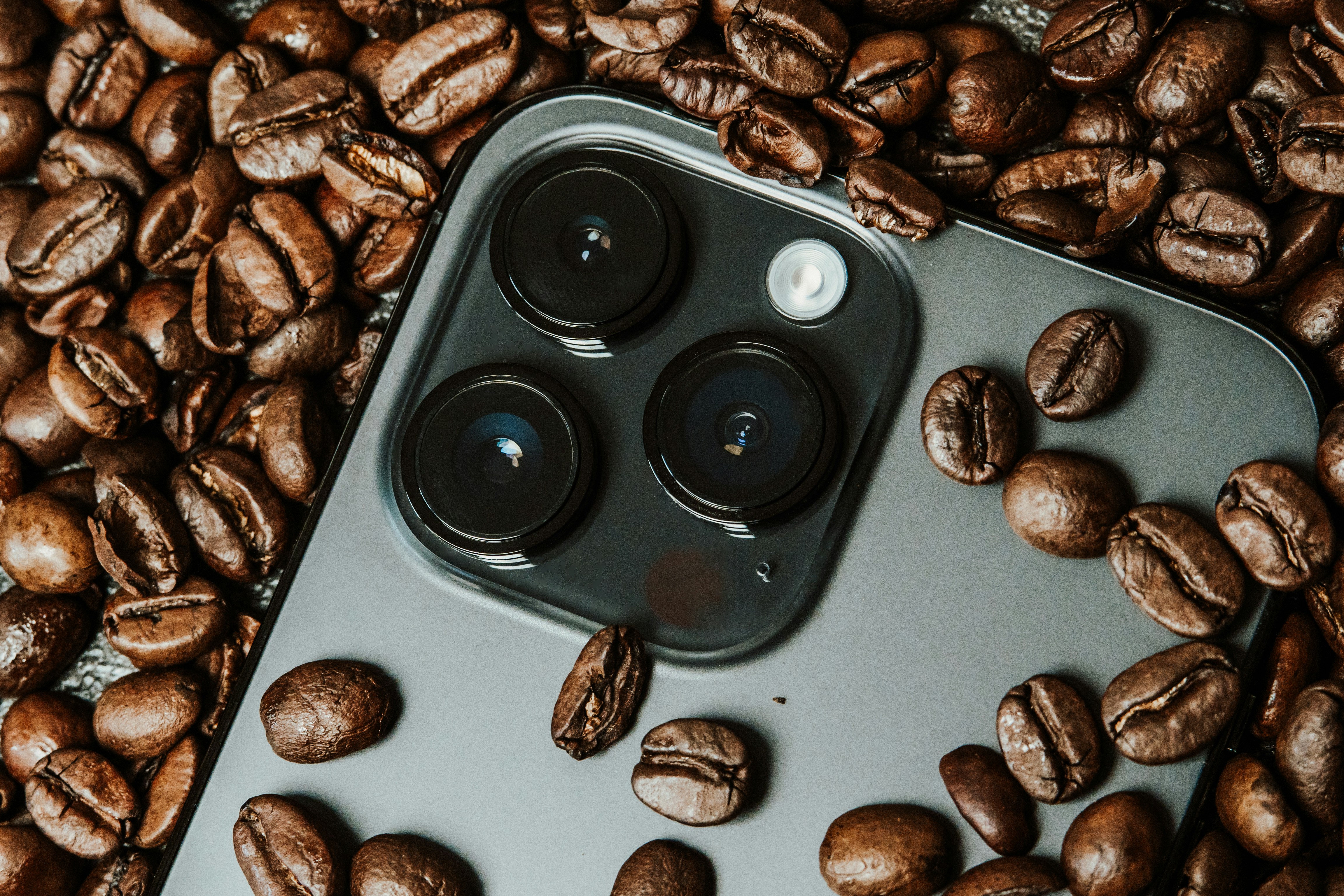 Triple Camera Amid Coffee Beans: A Close-Up of Tech