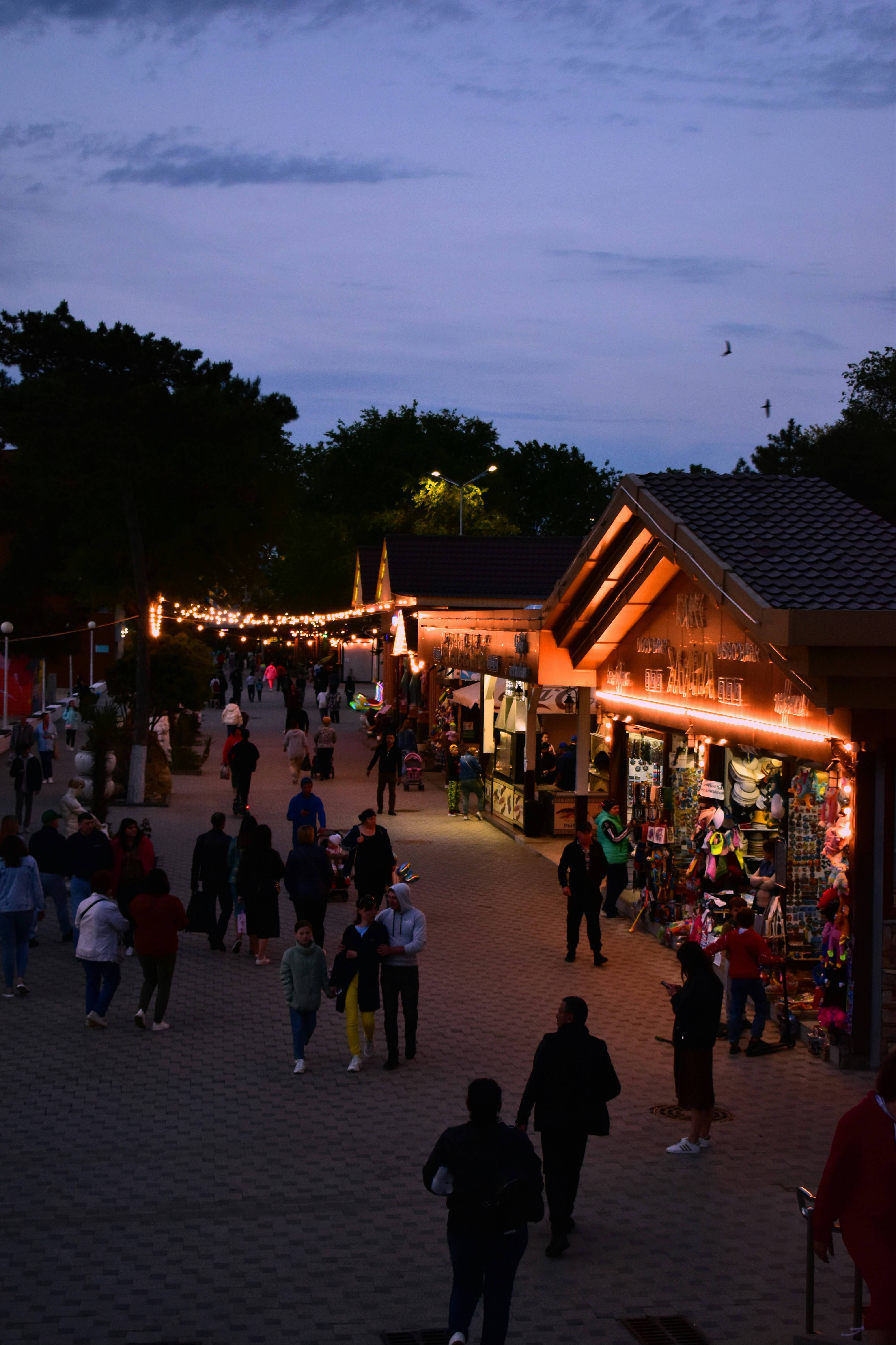 Dusk Market Lane: Warm Stall Lights Sweep Across the Crowd