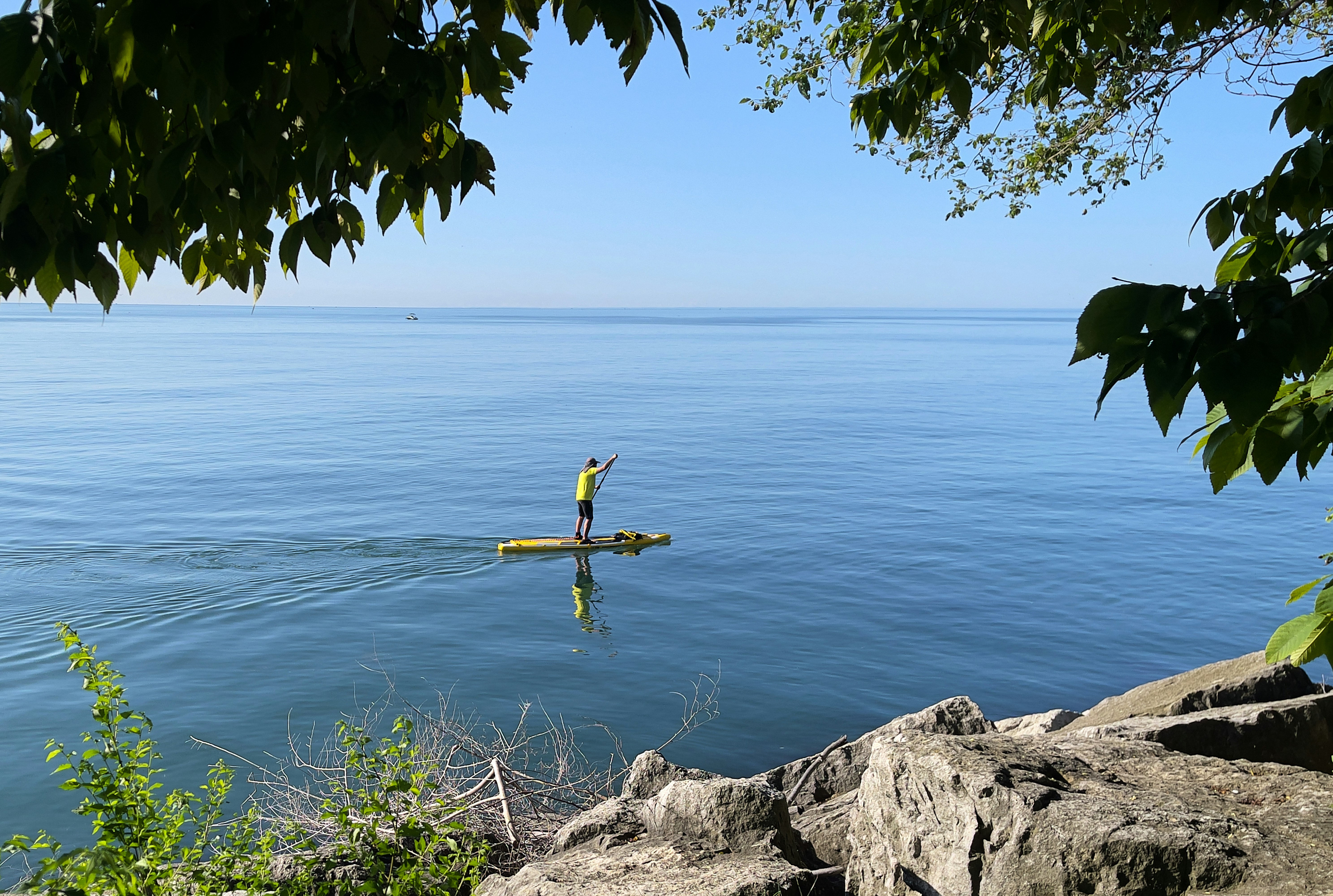 Silent Glide on a Glassy Lake: Paddleboarder Between Shade and Shore