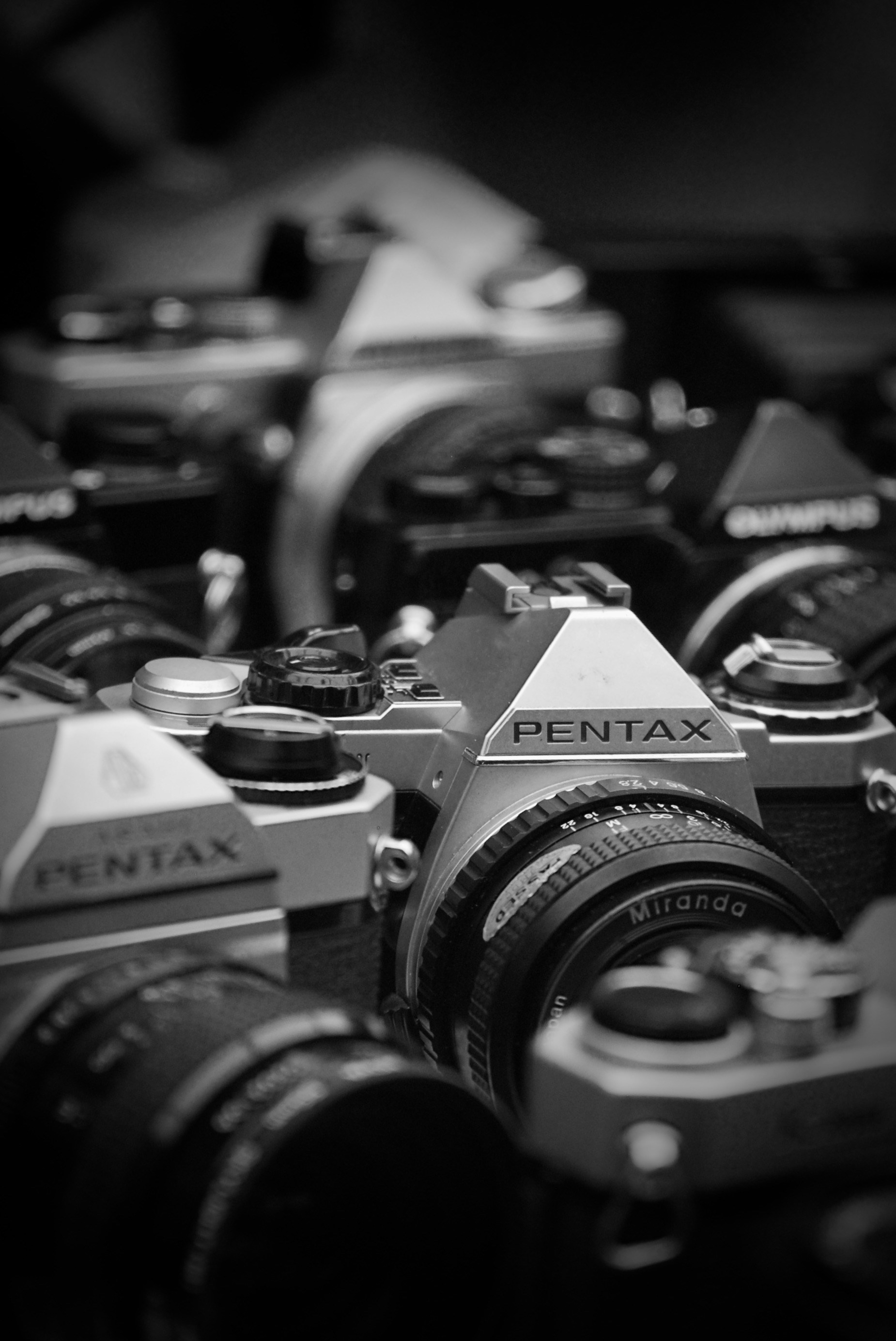Chrome and Shadows: Close-Up on a Row of Vintage Pentax Cameras