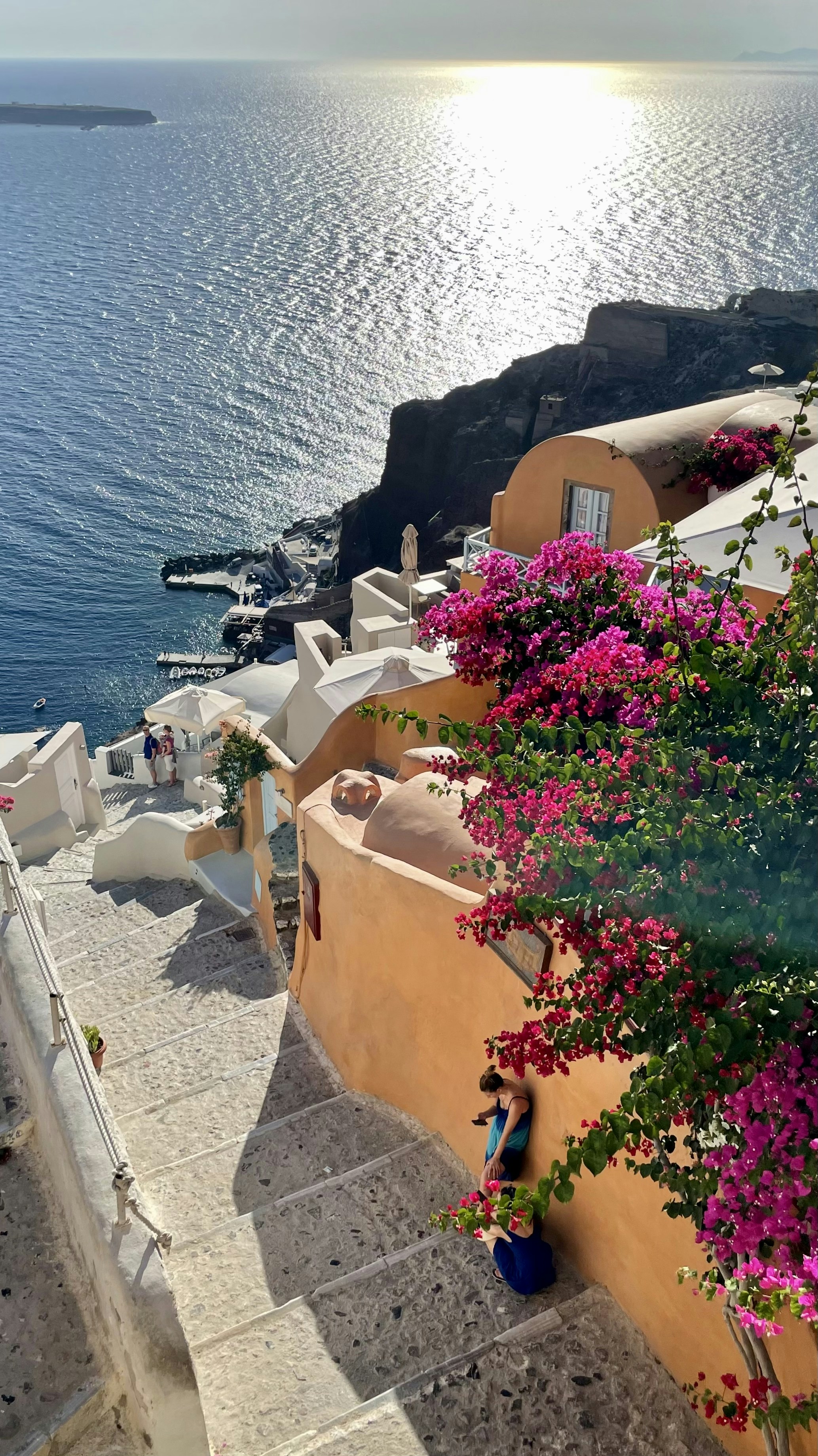 Bougainvillea Staircase to the Aegean: Sunlit Cycladic Cliffs