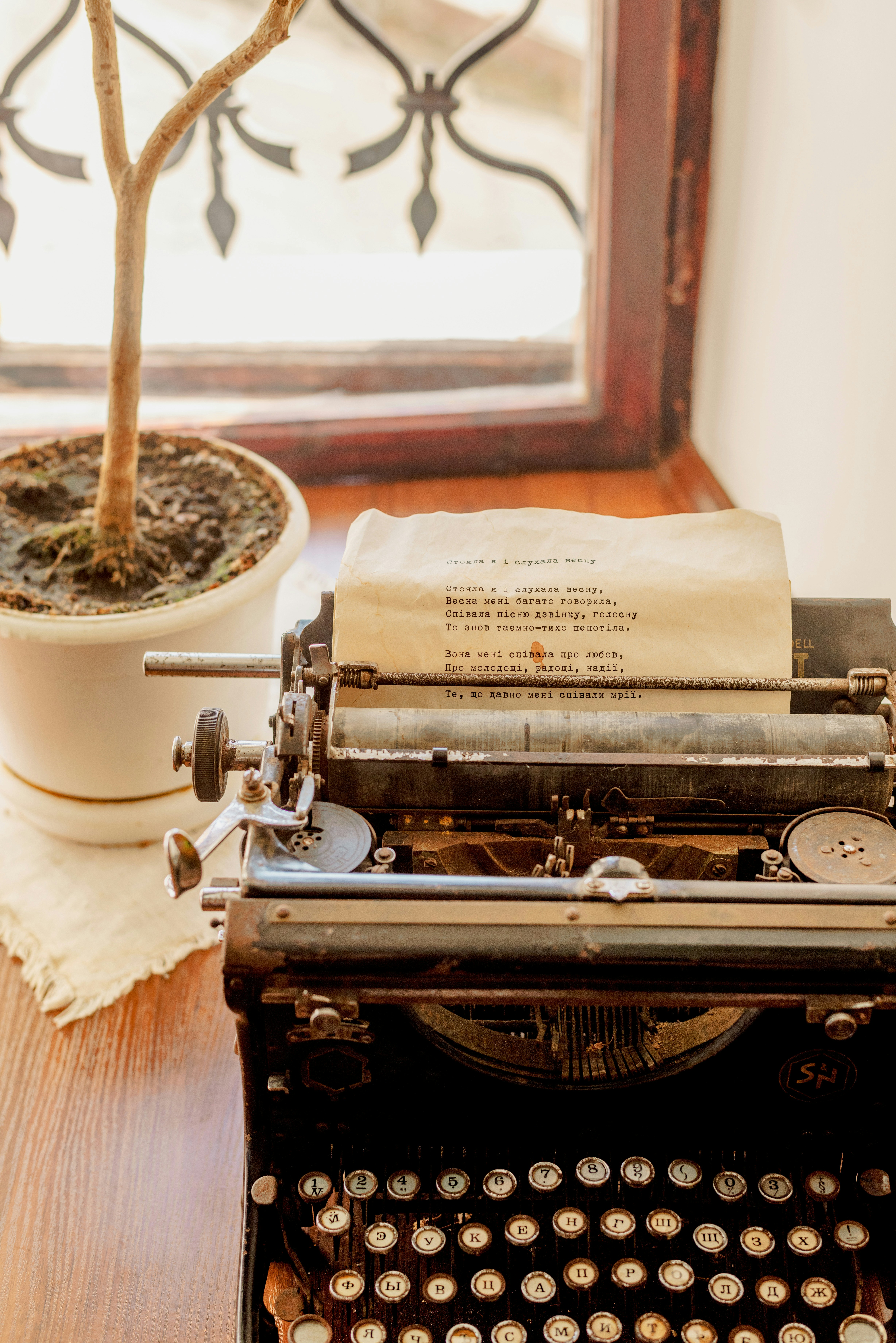 An old fashioned typewriter sitting on a table next to a potted plant ...