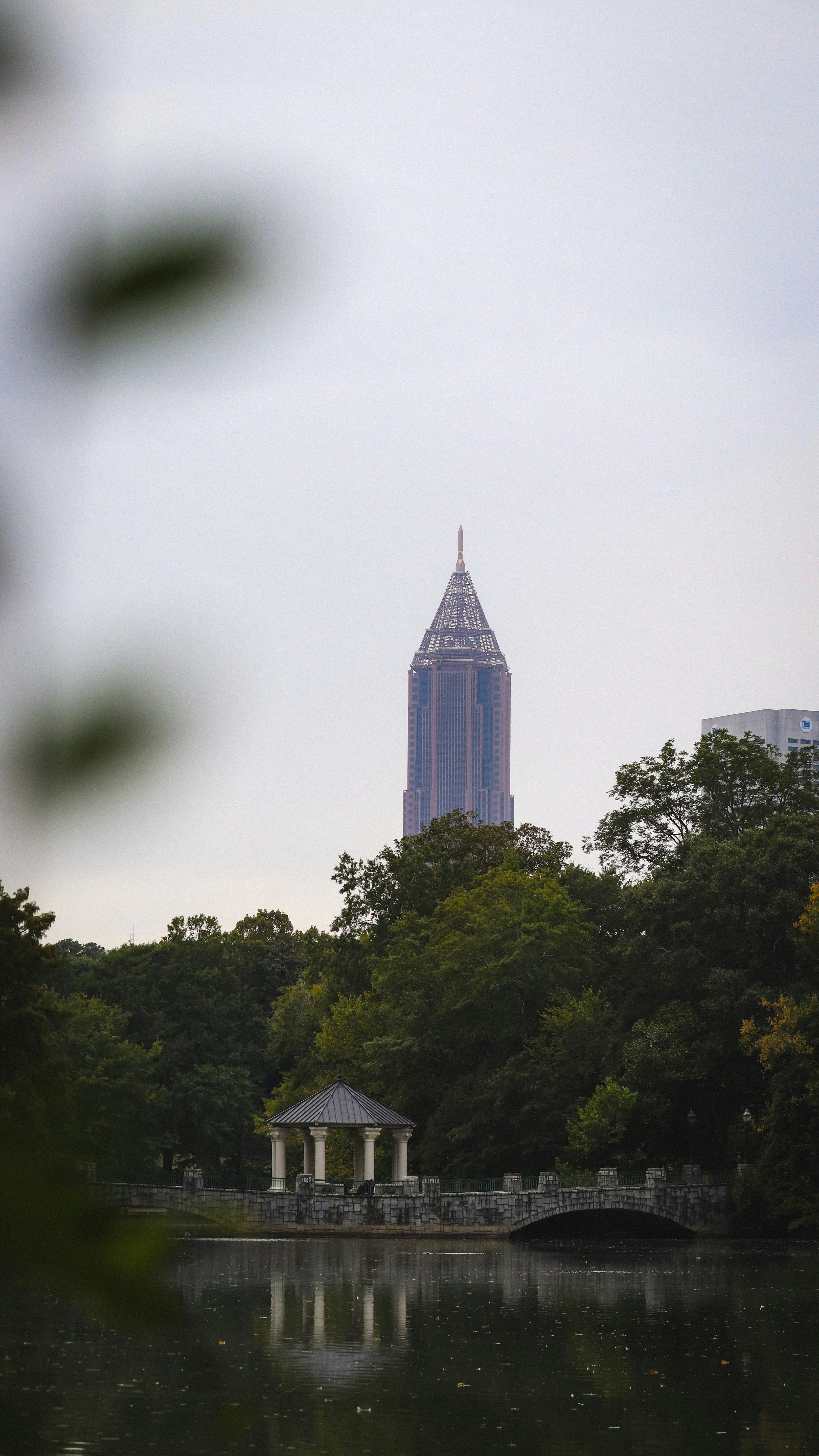 Spire Over the Pond: City Silhouette Among Trees
