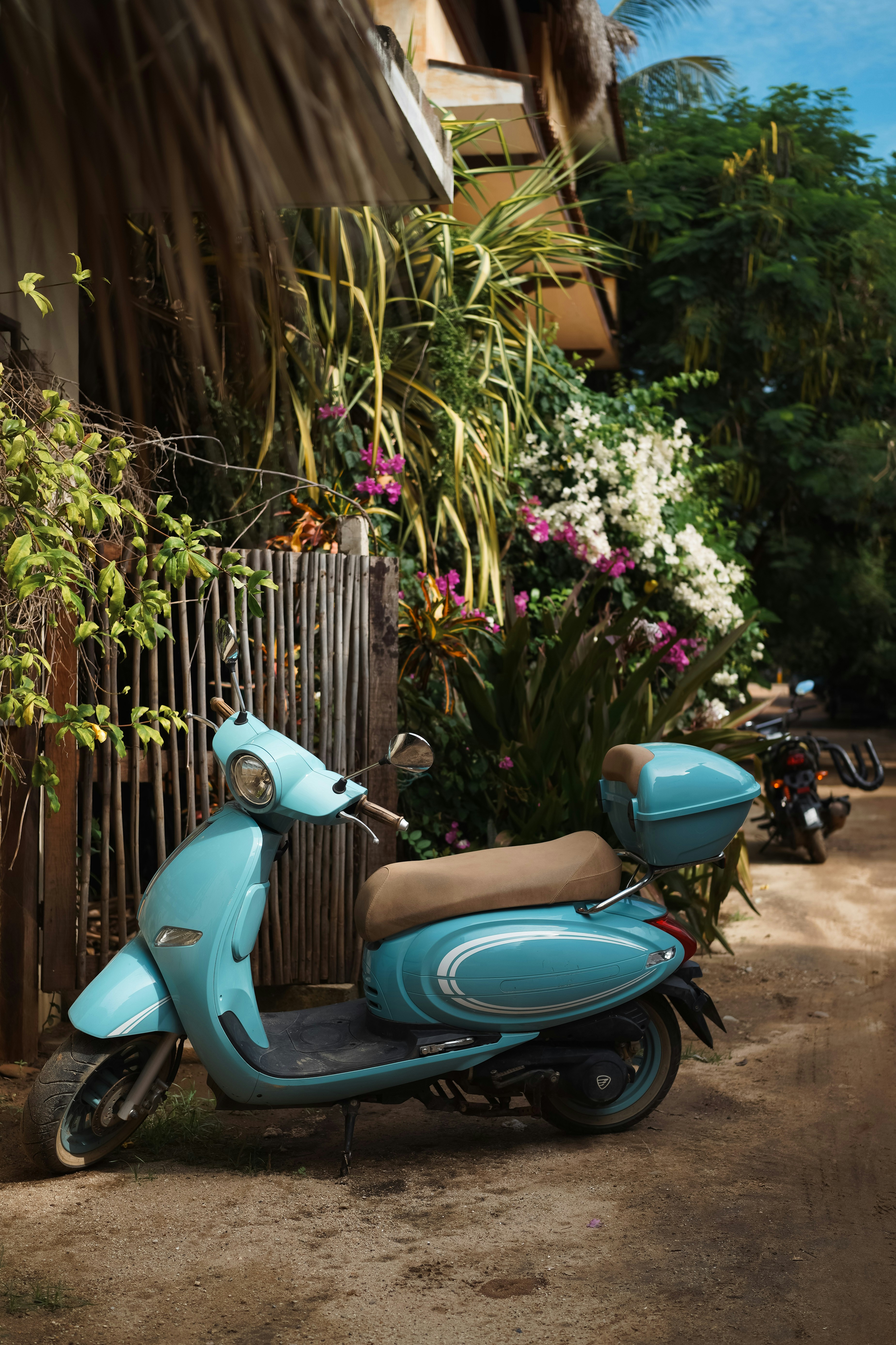 Turquoise Scooter Haven by a Garden Path
