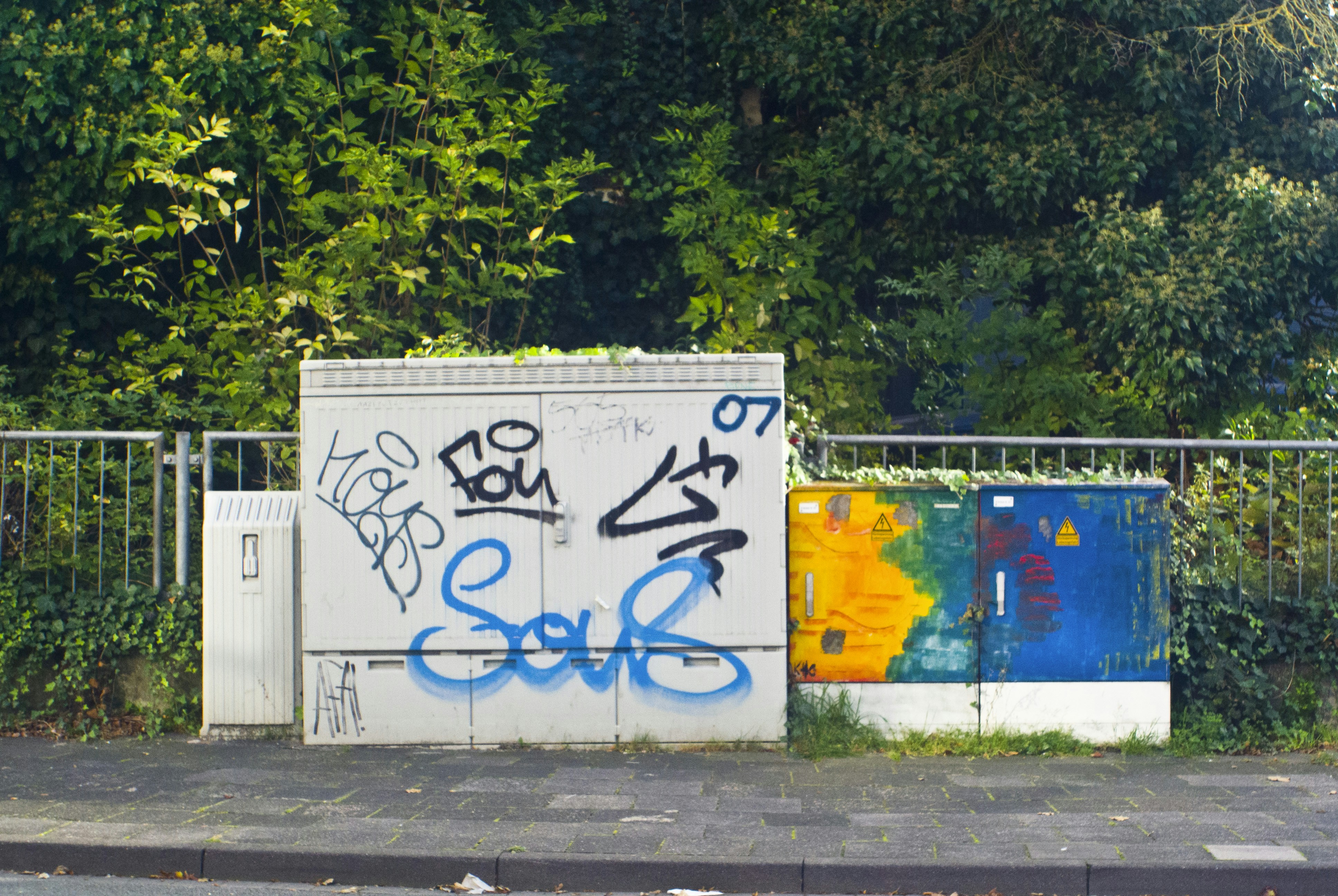Graffiti-covered utility wall along a quiet street with green hedges in the background. Central panel features bold blue tags and layered street art.