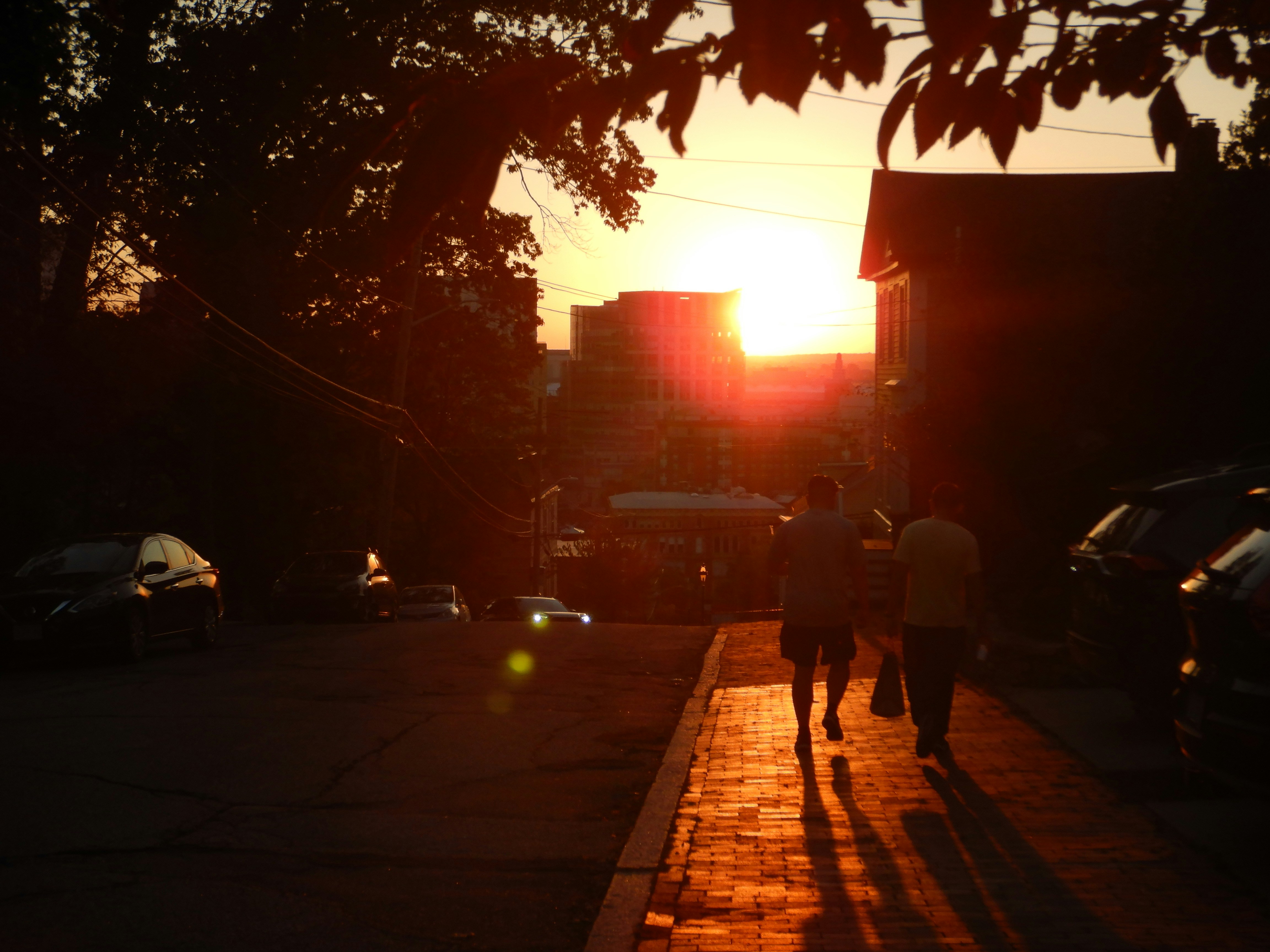 Two silhouetted pedestrians walk along a brick sidewalk as the sun dips behind city buildings, casting long shadows.