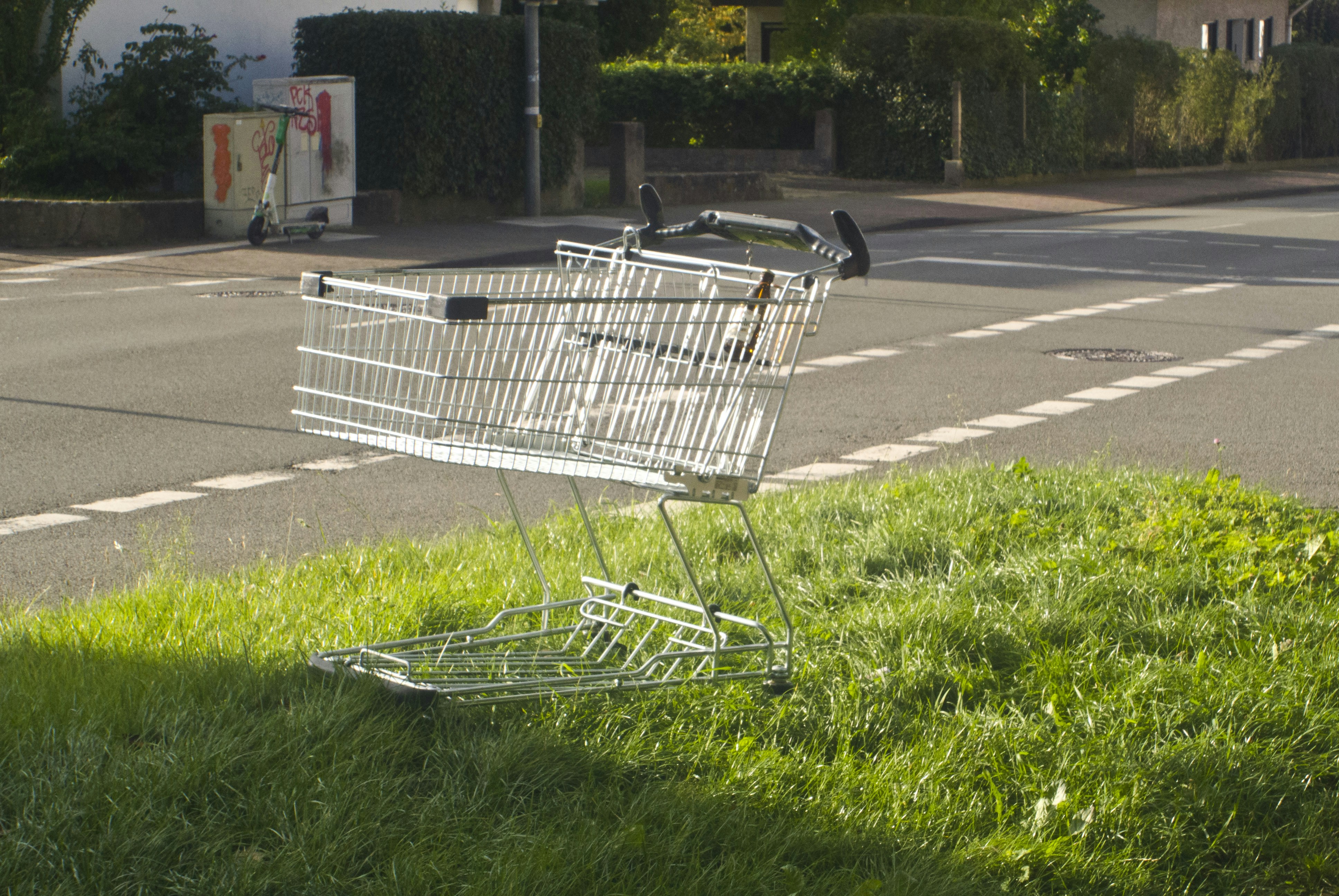 Shopping cart resting on a grassy verge beside a suburban road in daylight.