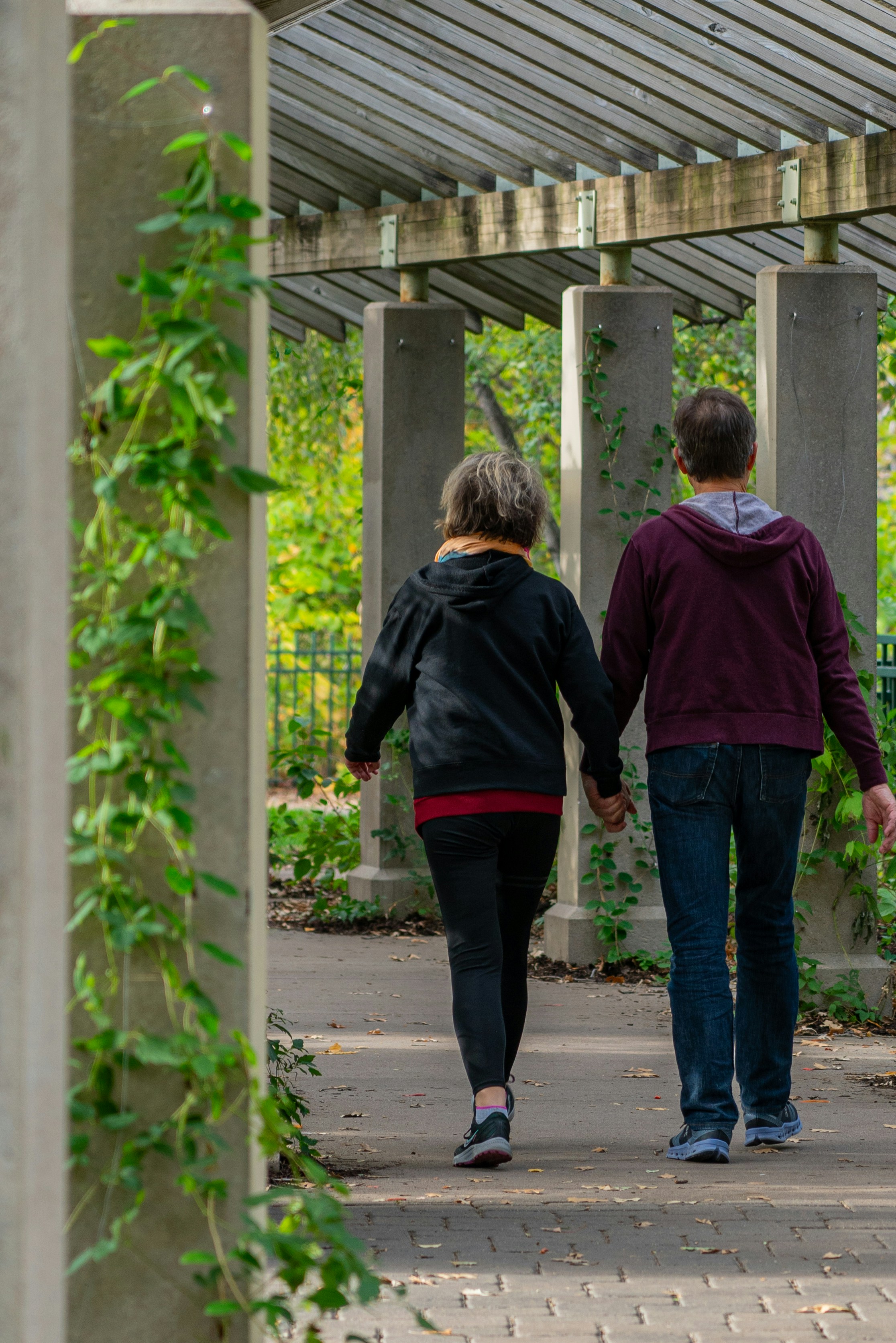 Two Figures Walking Hand in Hand Under a Green Trellis