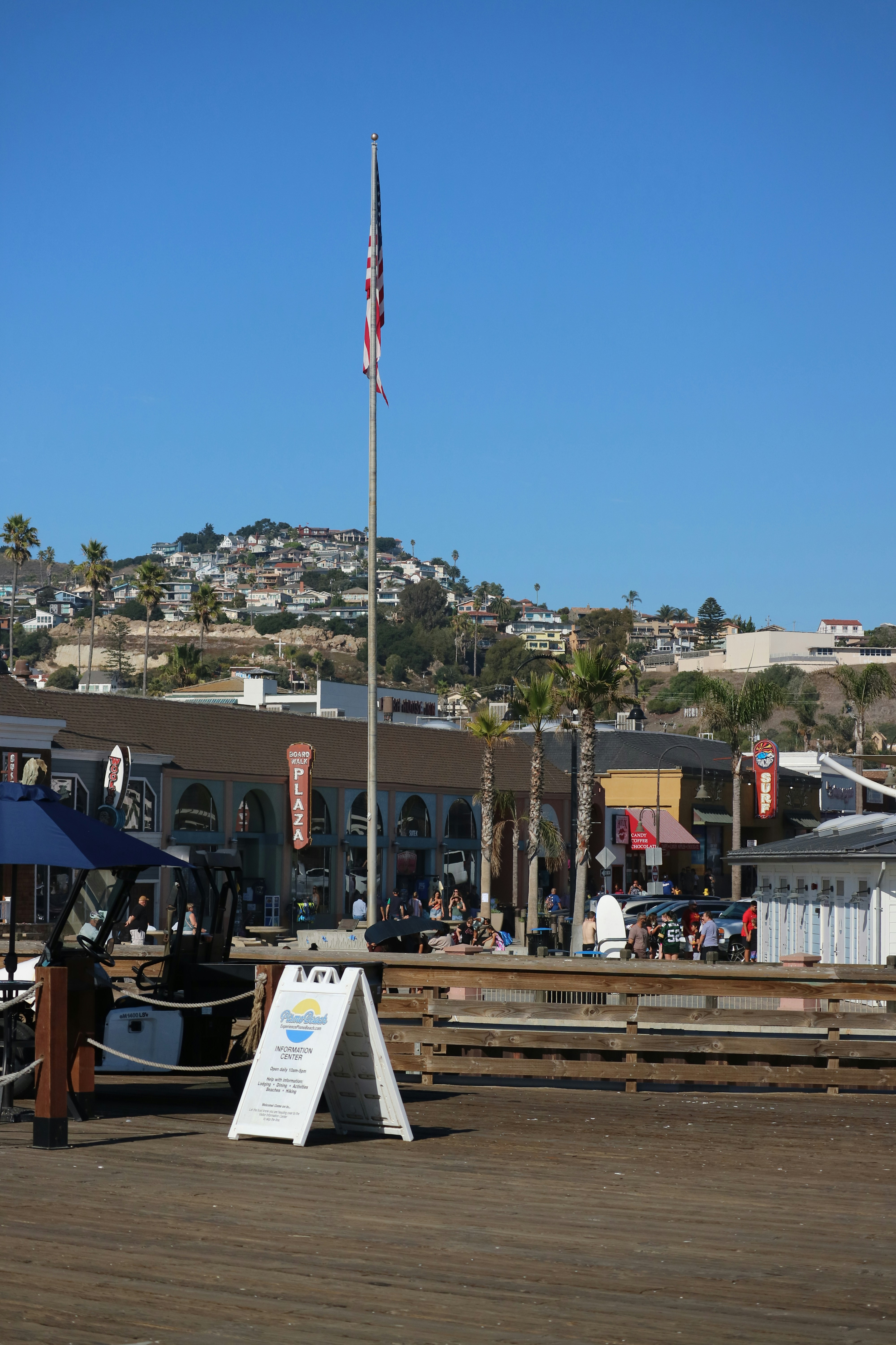 Flagpole Over the Pacific Pier: A Sunlit Boardwalk Framed by Palms and Hillside Homes