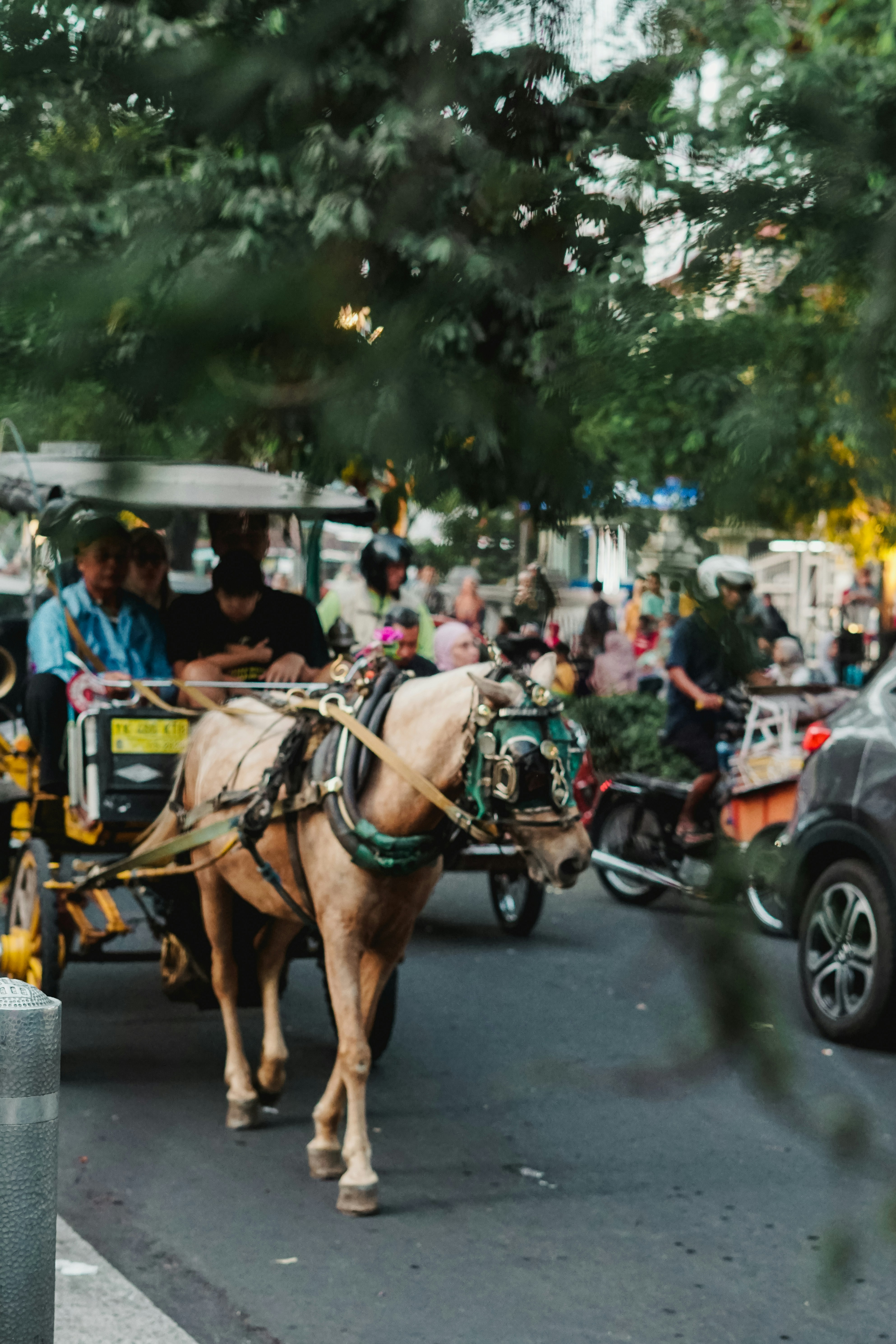 Hooves in the urban bustle: a horse-drawn carriage threads through a crowded street