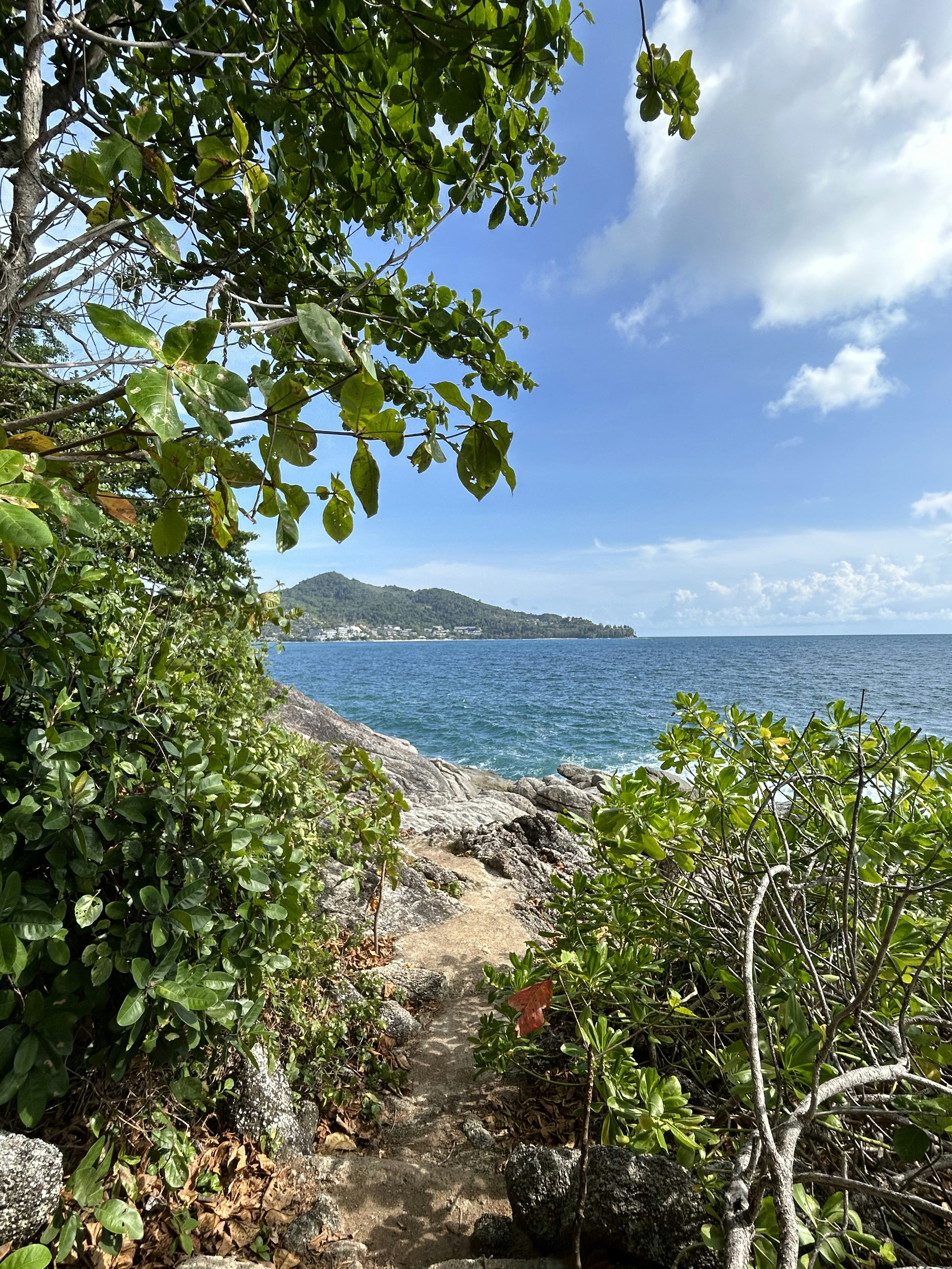 Tropical foliage framing a rocky path leading to a view of the ocean and distant hills under a partly cloudy sky.